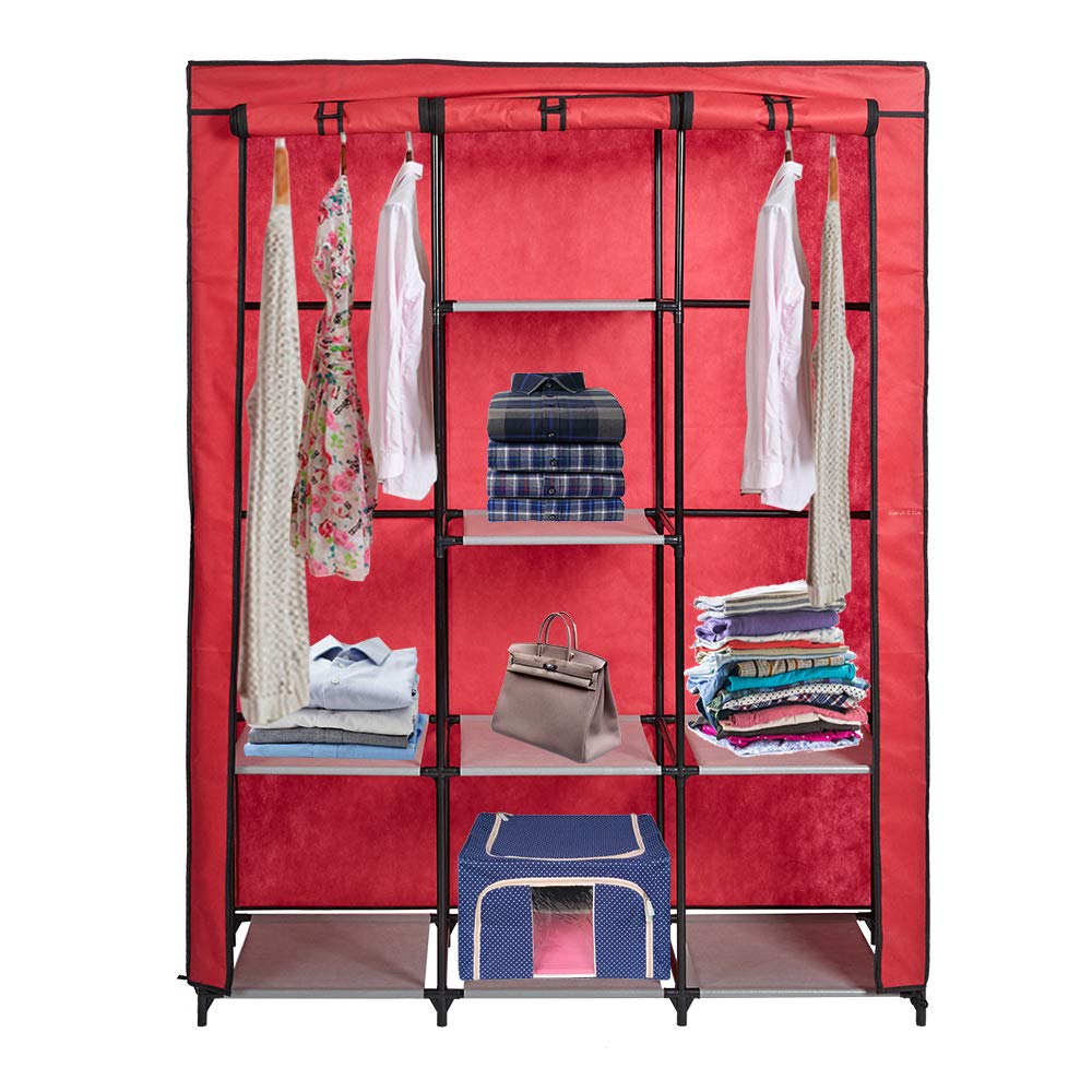 LUCKYERMORE Portable Closet Organizer Cloth Storage Wardrobe Closets with Removable Non-Woven Fabric Cover and Hanging Rod Space-Saving Organizer Cabinet, Grey