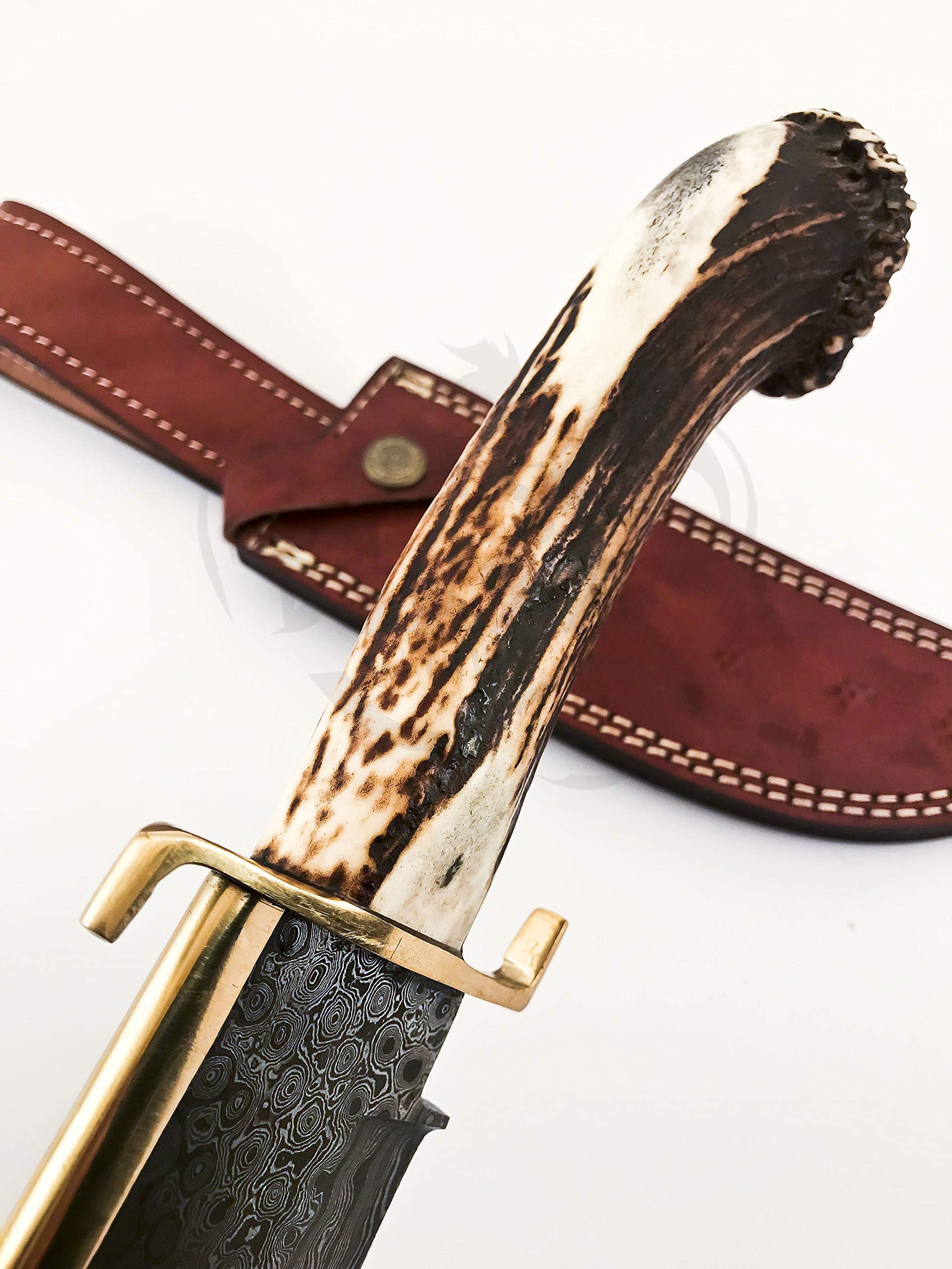 NoonKnives: 15.5" Hand Made Damascus Steel Collectible TEXAS Bowie Knife Handle Brass clip with stag horn