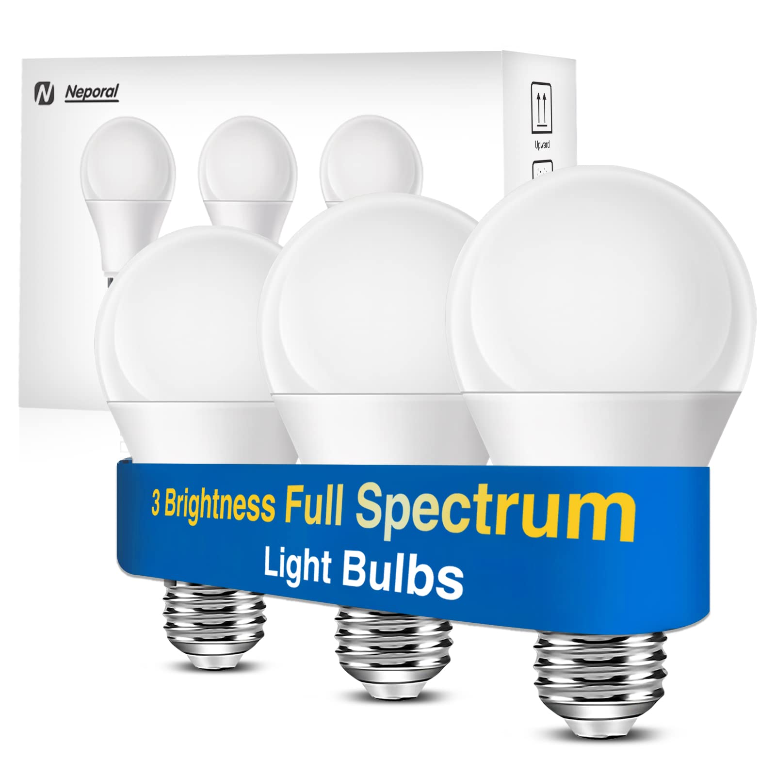 Neporal Full Spectrum Light Bulb 3 Brightness Cool White Happy Light Bulbs Natural Sunlight Bulbs Sunlike Light Bulb A19 6000K E26/E27 Pack of 3