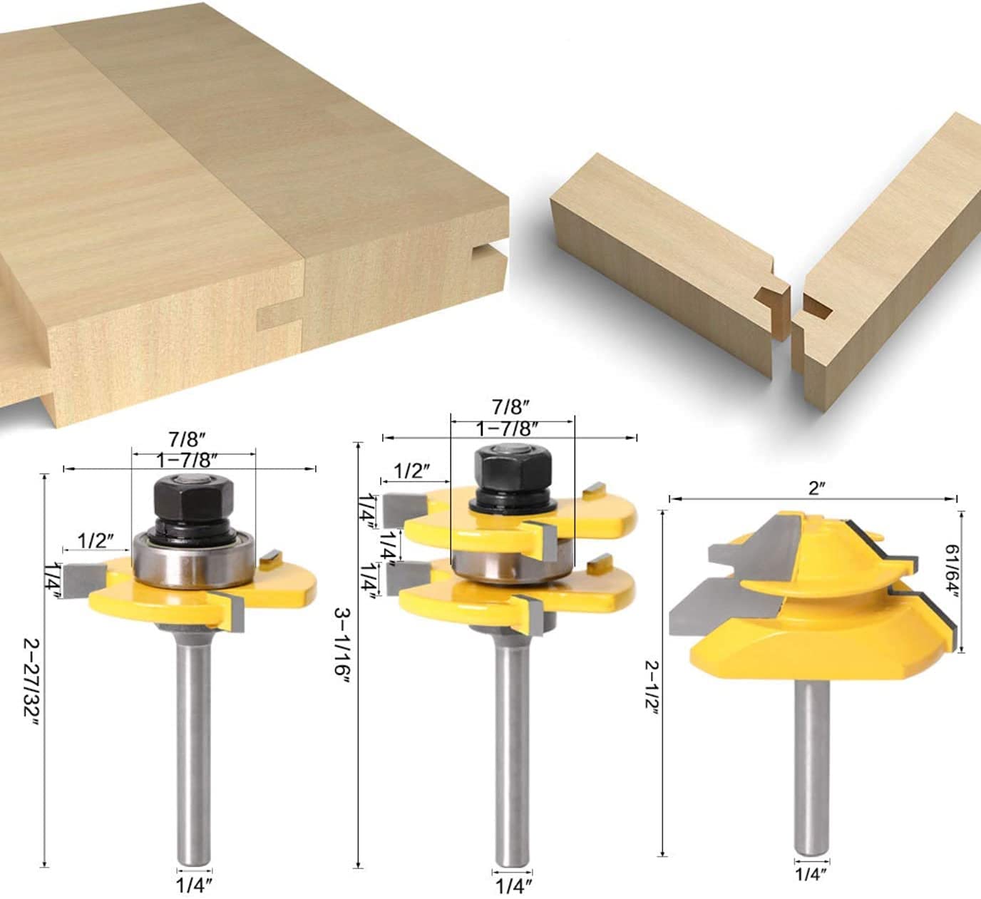 Lock Miter 45 Degree Joint Router Bits + 2Pcs Tongue and Groove Set [1/4-Inch Shank], APLUS 45° Lock Mitre Glue Joint Router Bit + Router Bit Set 3 Teeth T Shape, Wood Milling Cutter Woodworking Tool
