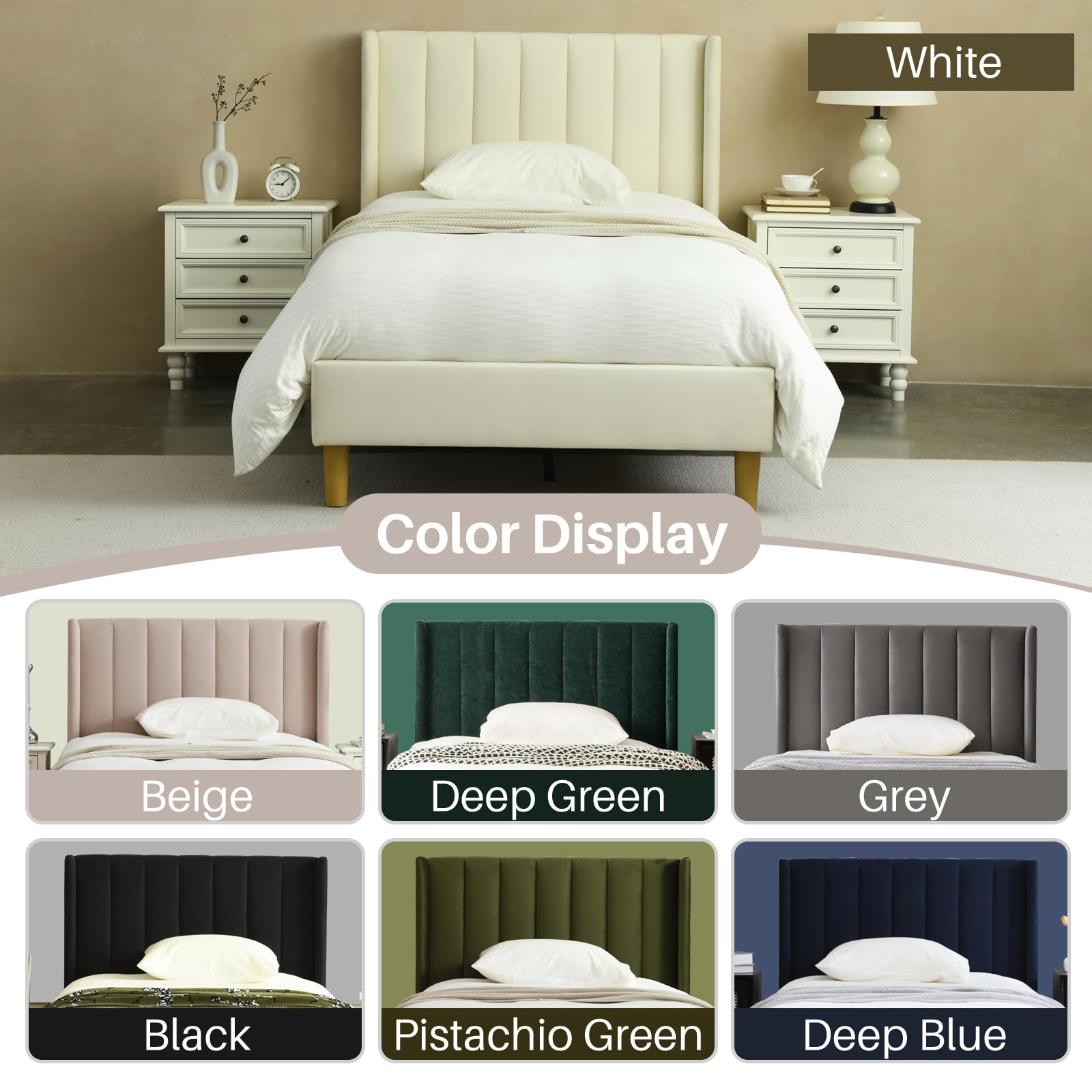 YUHUASHI Twin Size Bed Frame, Upholstered Bed Frame with Modern Geometric Wingback Headboard, Velour Fabric, Platform Bed Frame with Wooden Slats, Easy to Assemble and Noiseless (White, Twin)