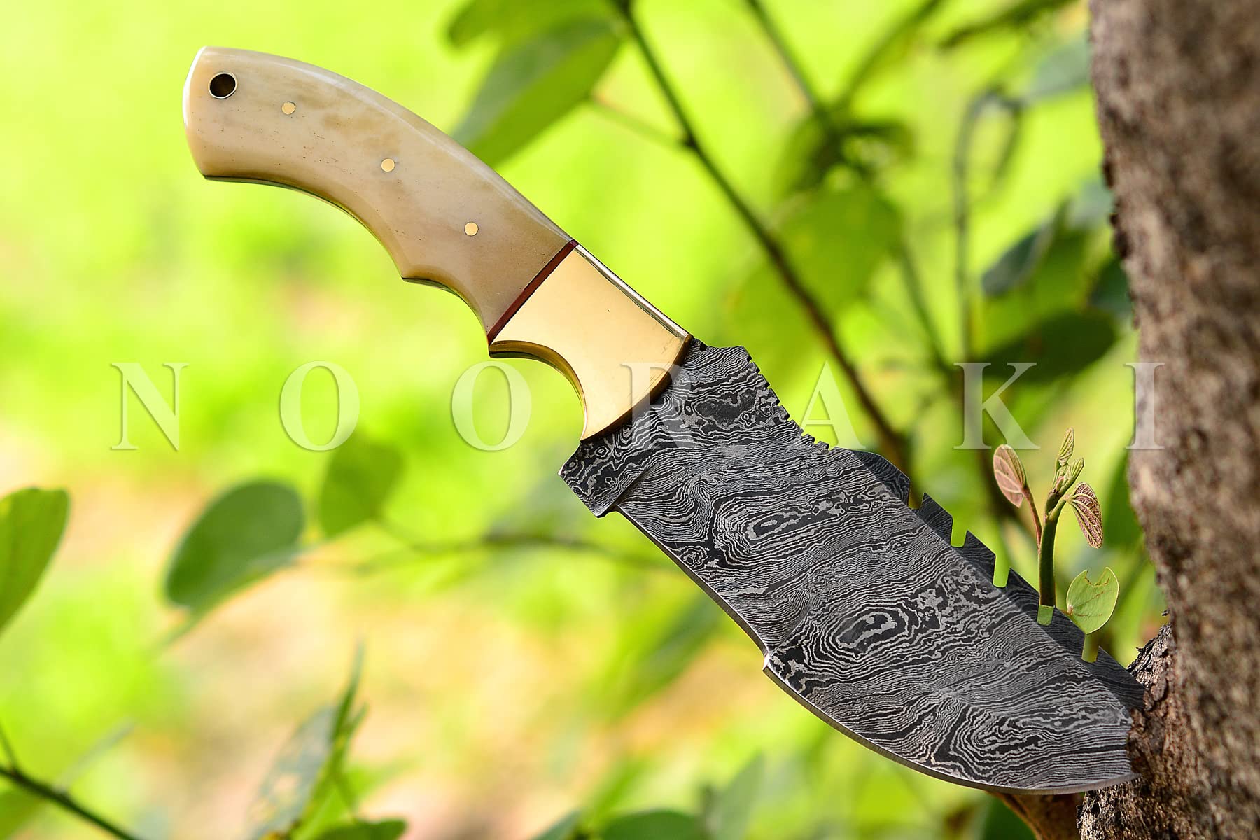 Nooraki - 11-inch | Fire Pattern Custom Handmade Damascus Tracker Knife with Camel Bone Handle Hunting knife, Camping knife, Bushcraft Knife, Survival Knife, Full Tang With Sheath #333