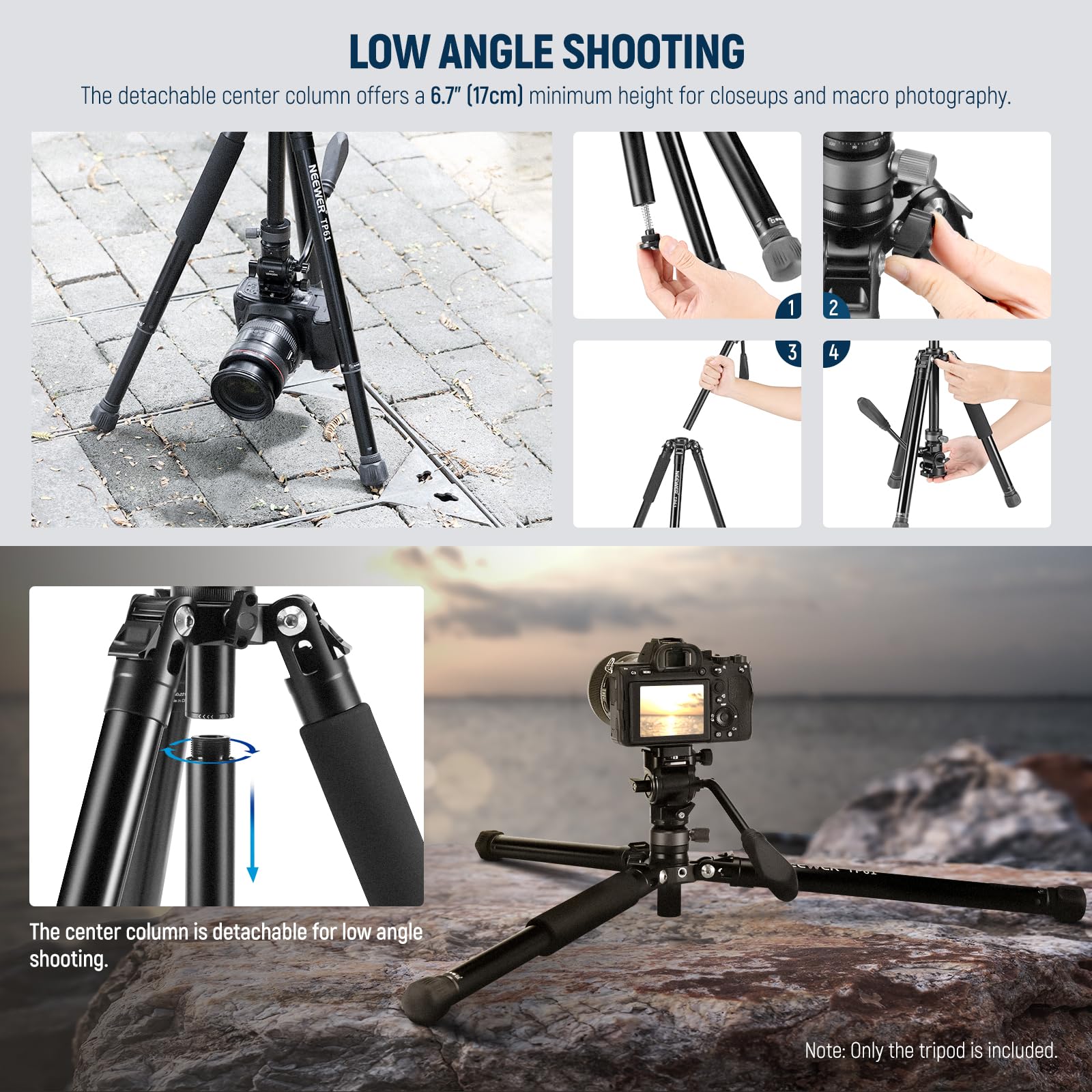 NEEWER 61.4" Video Travel Tripod with +/-10° Leveling Base Fluid Head (⌀37mm), Compact Metal Camera Tripod Stand with Quick Release Reversible Legs & Detachable Center Column, Arca Plate, TP61