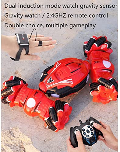 RC Stunt Car, 4WD 2.4GHz Remote Control Car Deformable All-Terrain Off Road Car, 360 Degree Flips Double Sided Rotating Race Car with Gesture Sensor Watch Lights Music for Kids (Red) A97