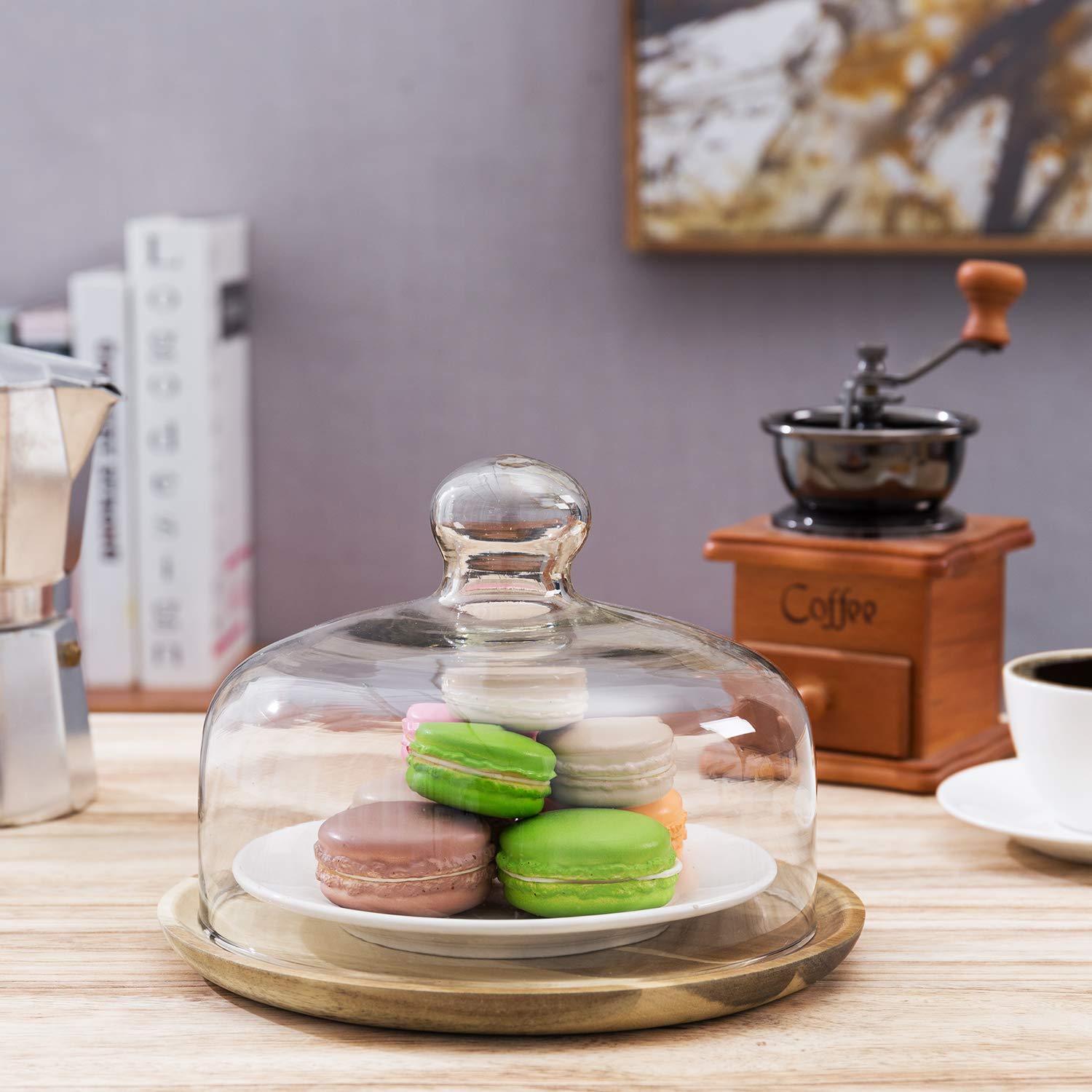 MyGift 7.5 Inch Small Clear Glass Dessert/Cheese Cloche Dome with Acacia Wood Serving Tray