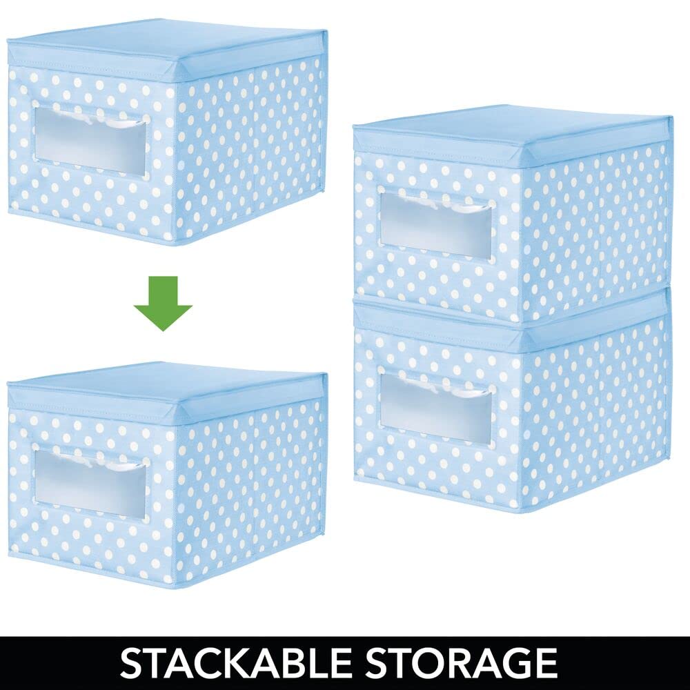 mDesign Large Soft Stackable Fabric Baby Nursery Storage Organizer Holder Bin Box with Front Window/Lid for Child/Kids Bedroom, Playroom, Classroom, Lido Collection, Light Blue/White Polka Dot