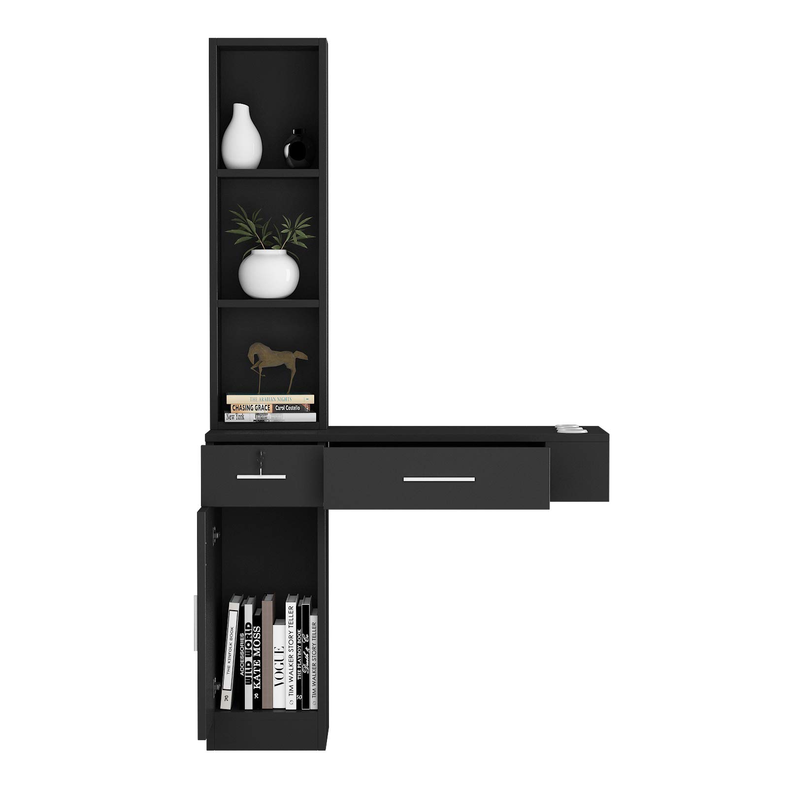 mefeir Wall Mount Hair Styling Barber Station Beauty Hair Salon Spa Equipment Set with 3 Tier Shelf, Lockable Drawer & Cabinet, Easy Assembled (Black)