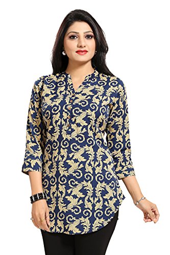 Keshubaba Indian Kurtis for Women - Crepe Indian Style Short Kurta Kameez - Printed Tunics Tops for Jeans & Leggings (Blue/3X-Large)
