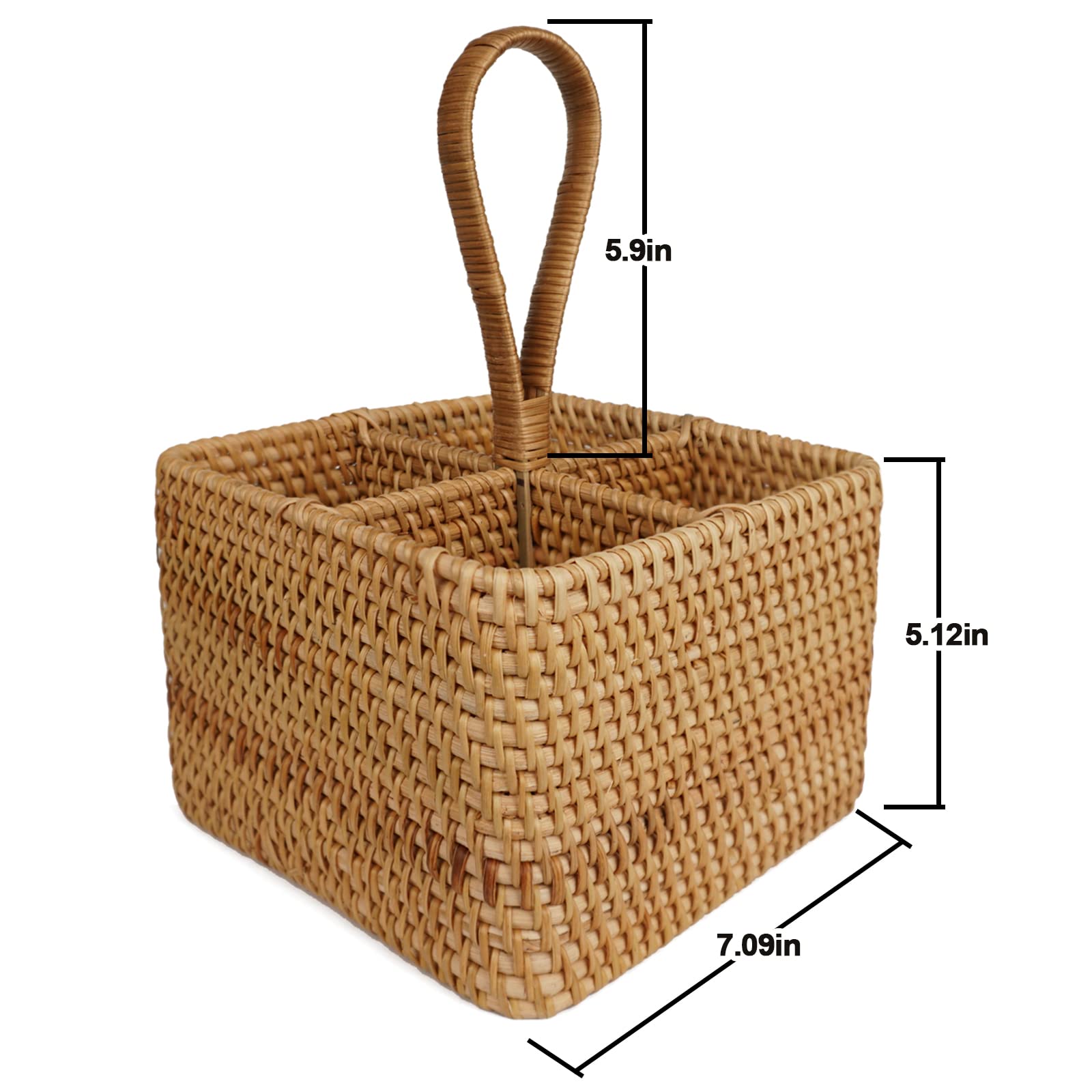 Lilacooqinn Natural Water Hyacinth Utensil Caddy with Built-in Handles,Wicker Silverware Caddy with 4 Compartments,Spoon Cutlery Holder Utensils Organizer,Condiment Organizer Silverware Holder