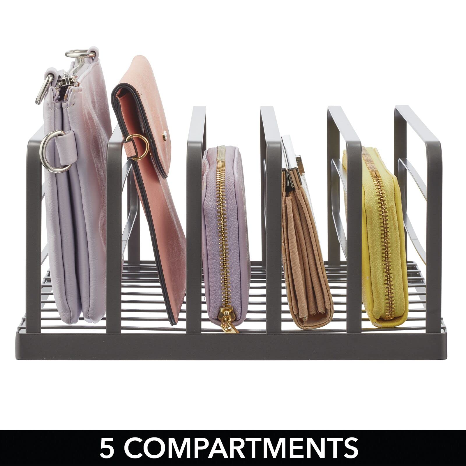 mDesign Metal Divided Stackable Purse Organizer for Closets, Bedrooms, Dressers, Shelves - Closet Shelf Storage Solution for Purses, Clutches, Wallets, Accessories - 5 Sections, 2 Pack - Graphite Gray