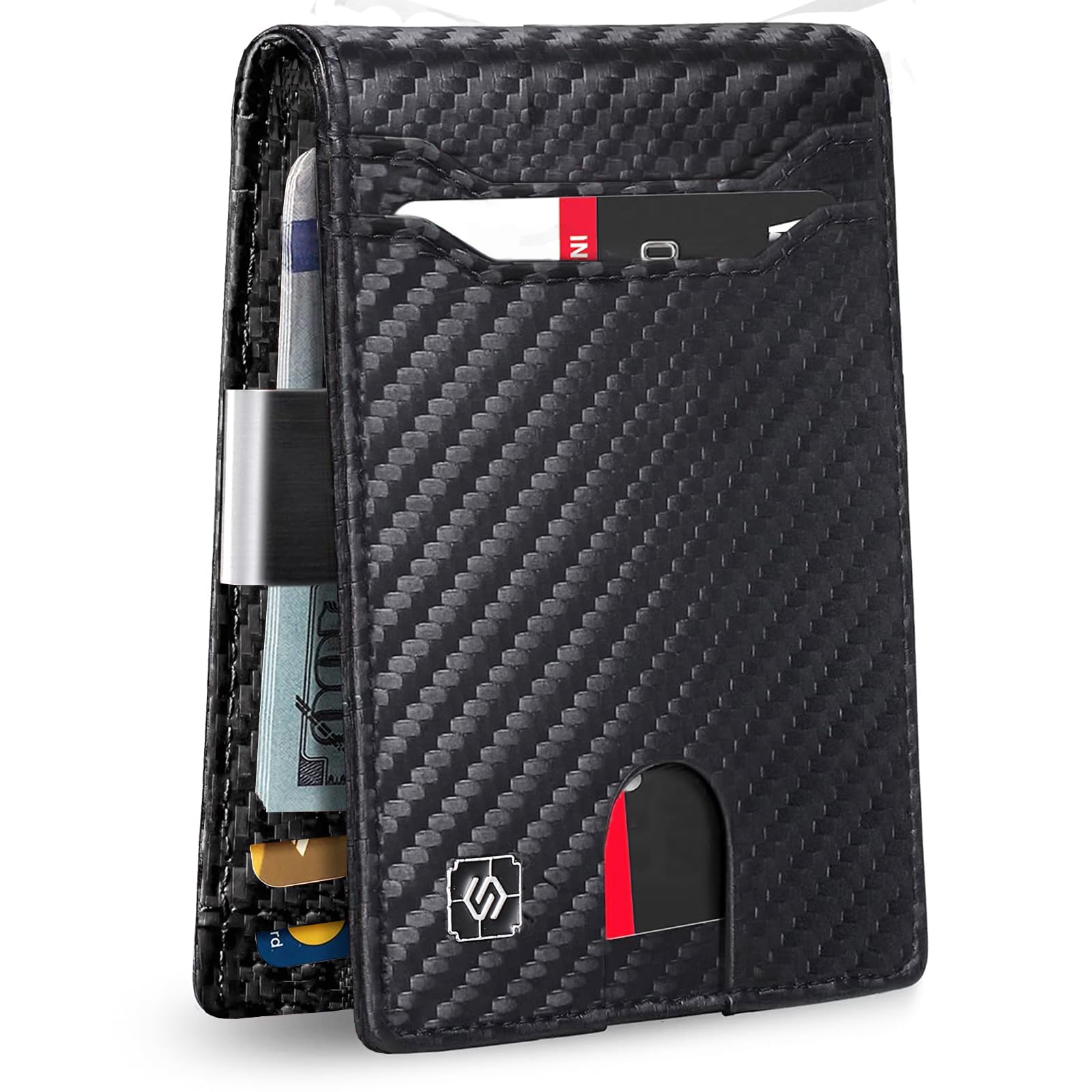 SHOUCANGAR Slim Wallet for Men,12 Card Slots Leather Carbon Fiber Wallet RFID Blocking Bifold Credit Card Holder With Gift Box