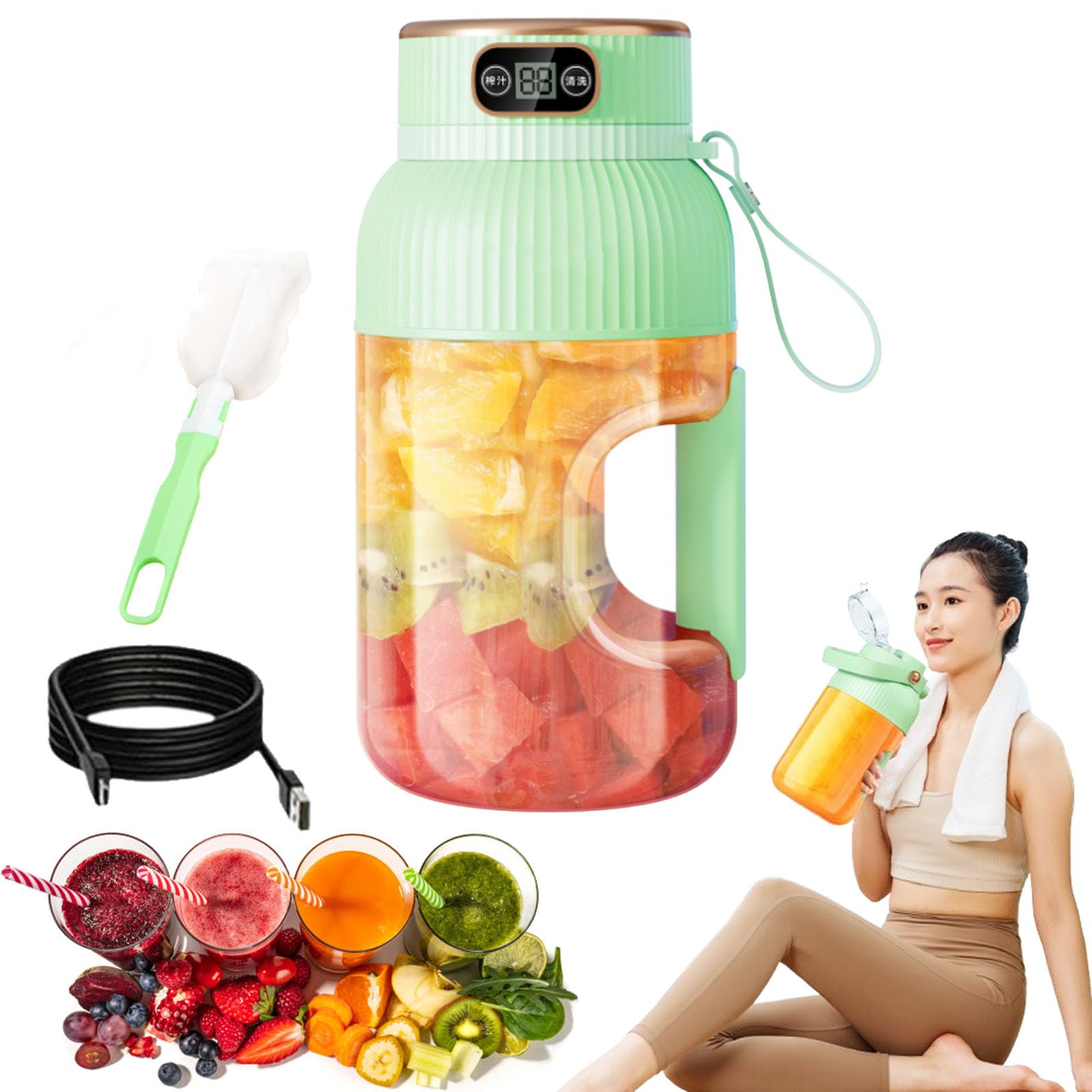 Yulyoie Multifunctional Portable Juicer Cup with Digital Display, 3 in 1 Portable Blender 40.6oz Juicer Machine Rechargeable,Food and Juice for Gym/Travel/Kitchen (Green, Single Cup+Single Lid)
