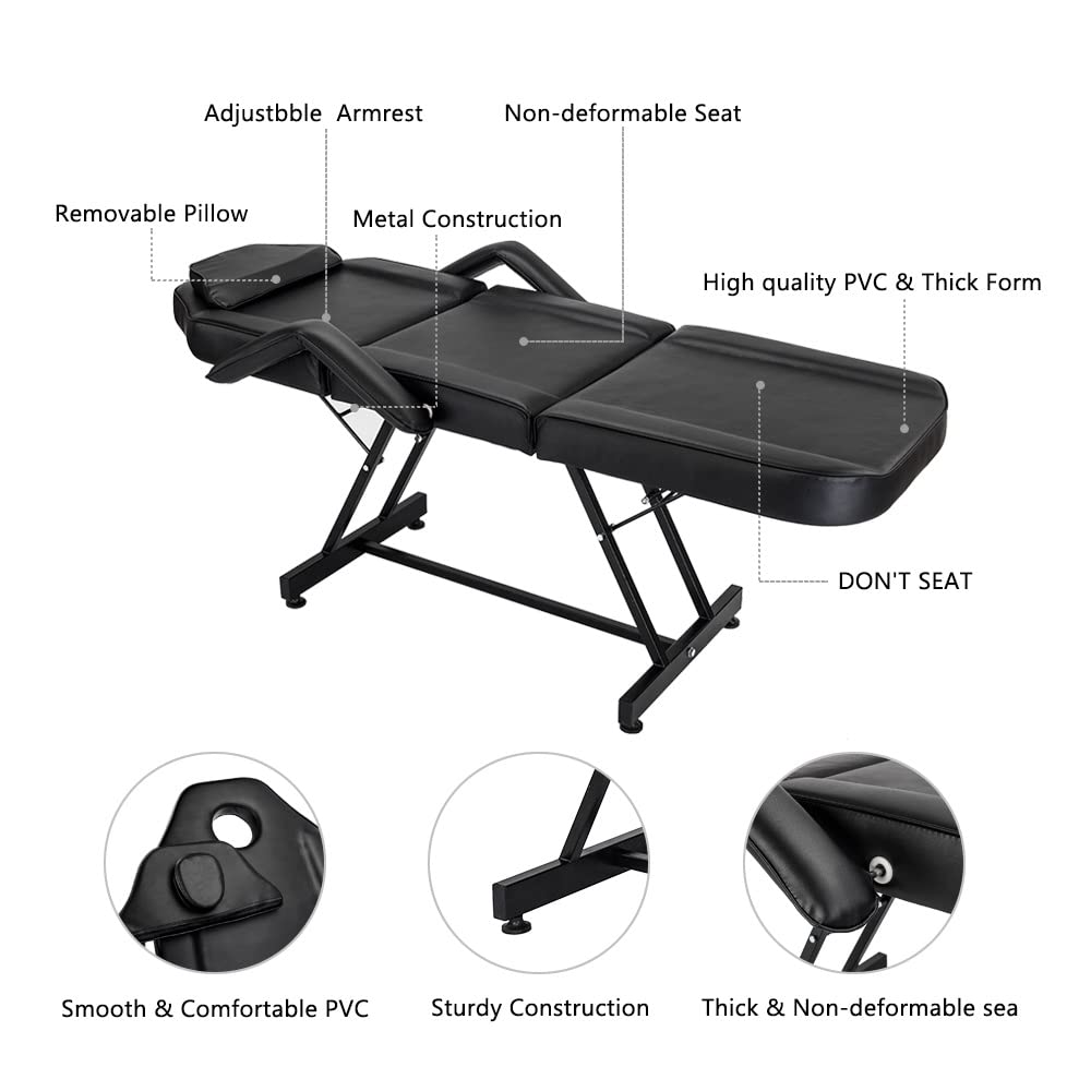 ZHYH 72" Adjustable Beauty Bed Beauty Salon SPA Massage Bed Tattoo Chair with Stool Black