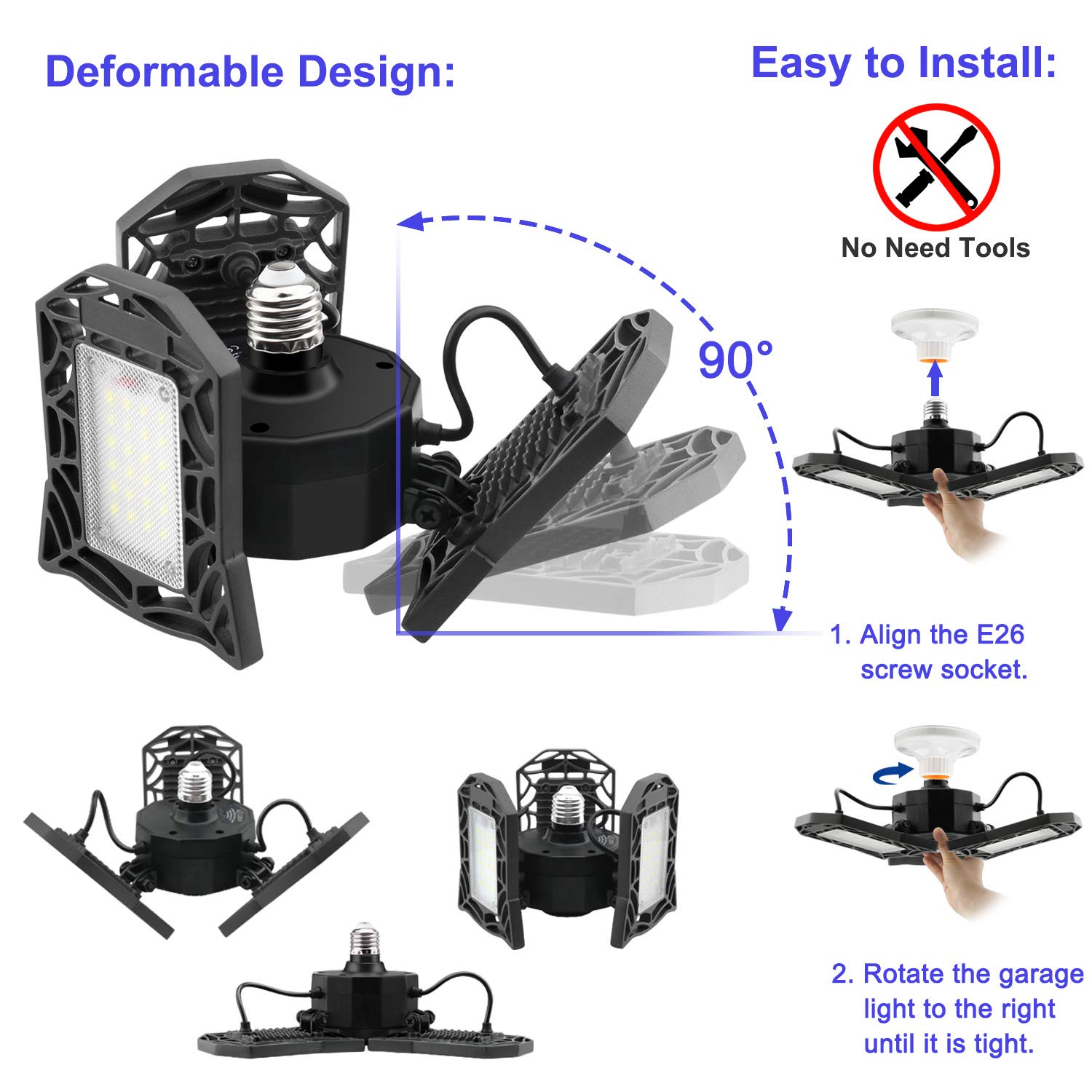 LED Garage Lights, 2 Pack LED Garage Ceiling Lights 6000LM Garage Lighting, Deformable LED Garage Light Bulbs, Support E26 Screw Socket LED Shop Lights for Garage, Lamp Sets, etc (No Motion Detection)