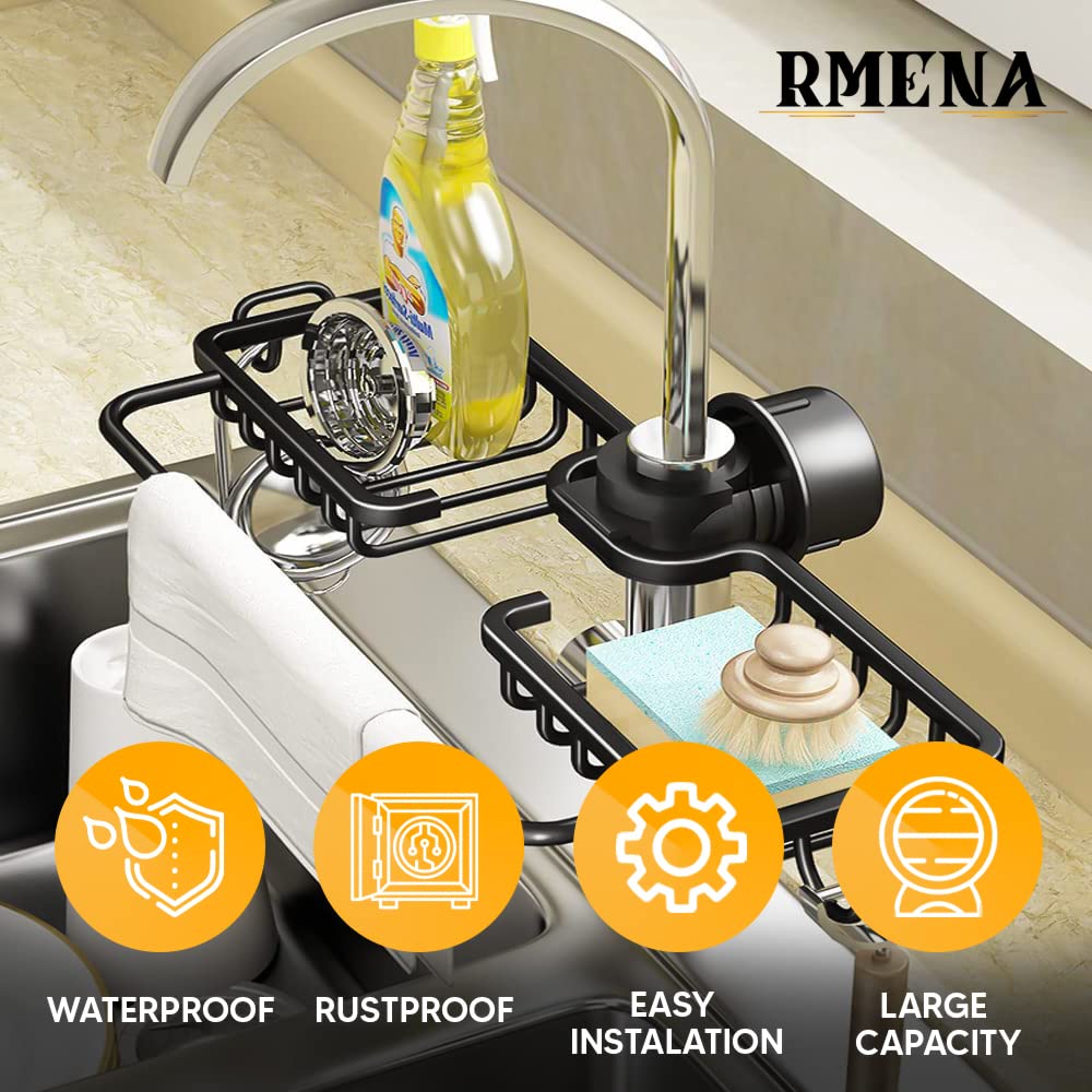 RMENA Faucet Sponge Holder Kitchen Sink Organizer β Sink Sponge Holder Faucet Drain Rack with Sponge and Cleaning Brush β Kitchen Caddy Sink Organizer for Kitchen Sink Accessories, Sponge, Dish Soap