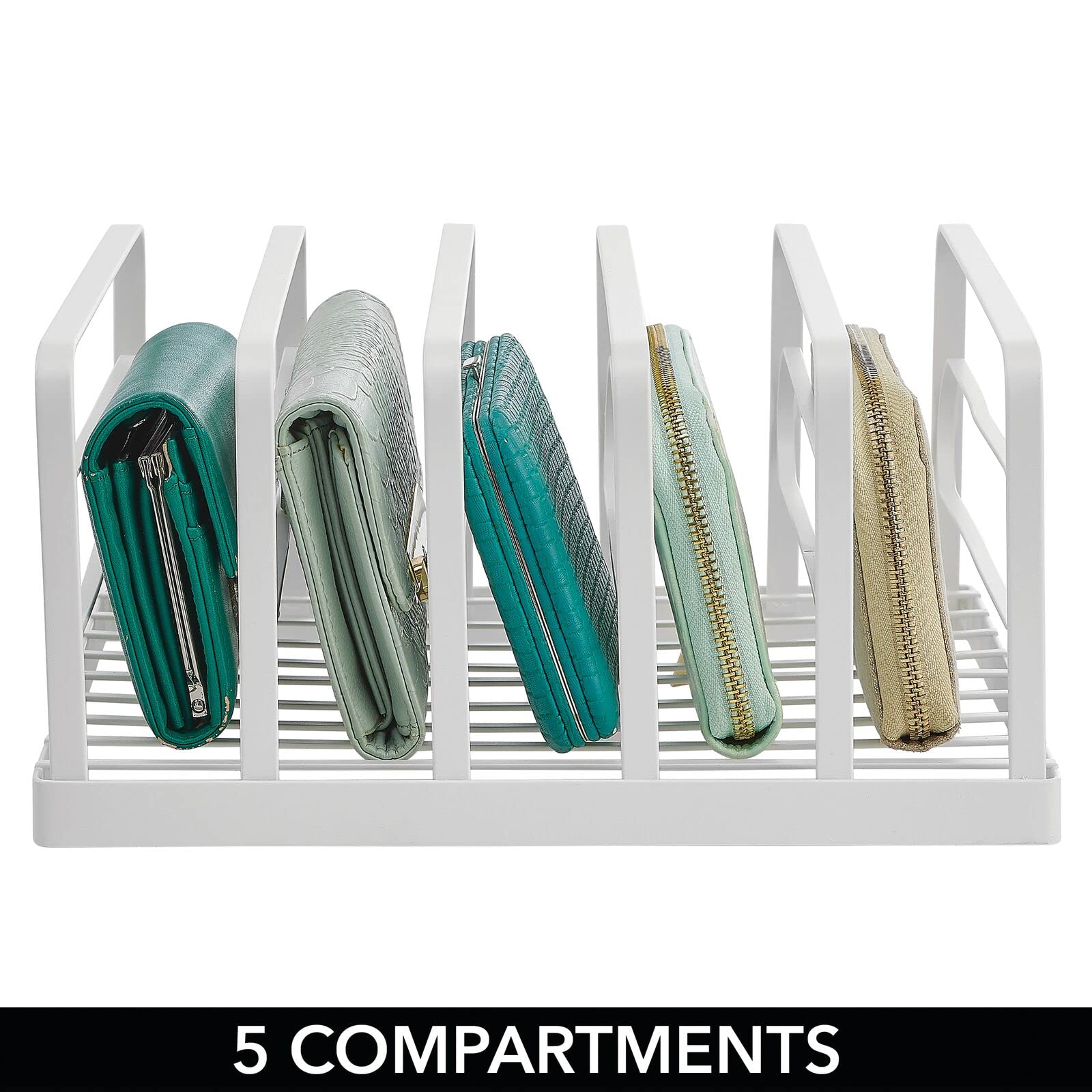 mDesign Metal Divided Stackable Purse Organizer for Closets, Bedrooms, Dressers, Shelves - Closet Shelf Storage Solution for Purses, Clutches, Wallets, Accessories - 5 Sections - Matte White