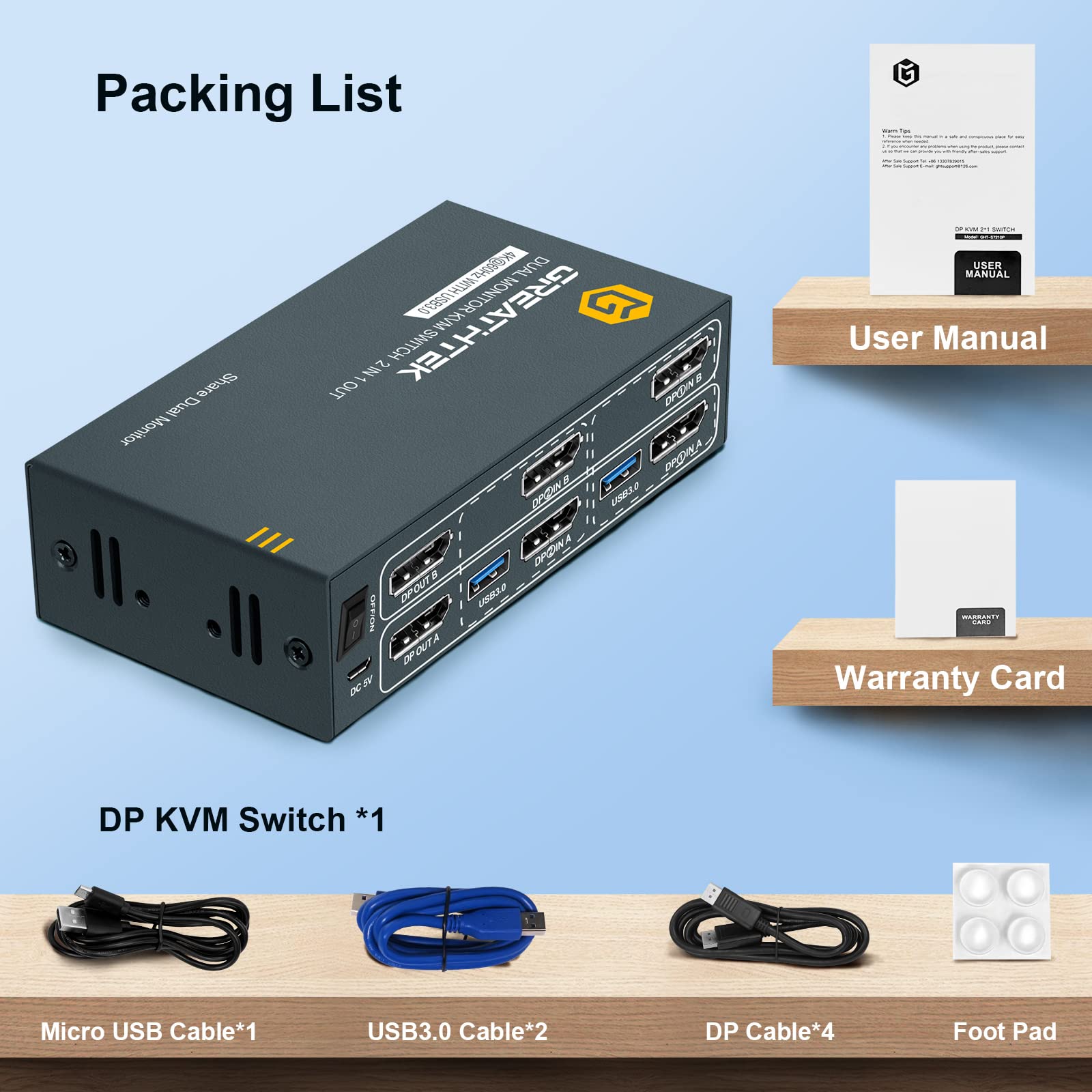 USB 3.0 KVM Switch Dual Monitor DisplayPort 4K@60Hz, 2 Port DP KVM Switch 2 Monitors 2 Computers with USB 3.0 Port, Support Button Switch 2 PCs Share USB Devices, with 4 DP Cables and 2 USB3.0 Cables