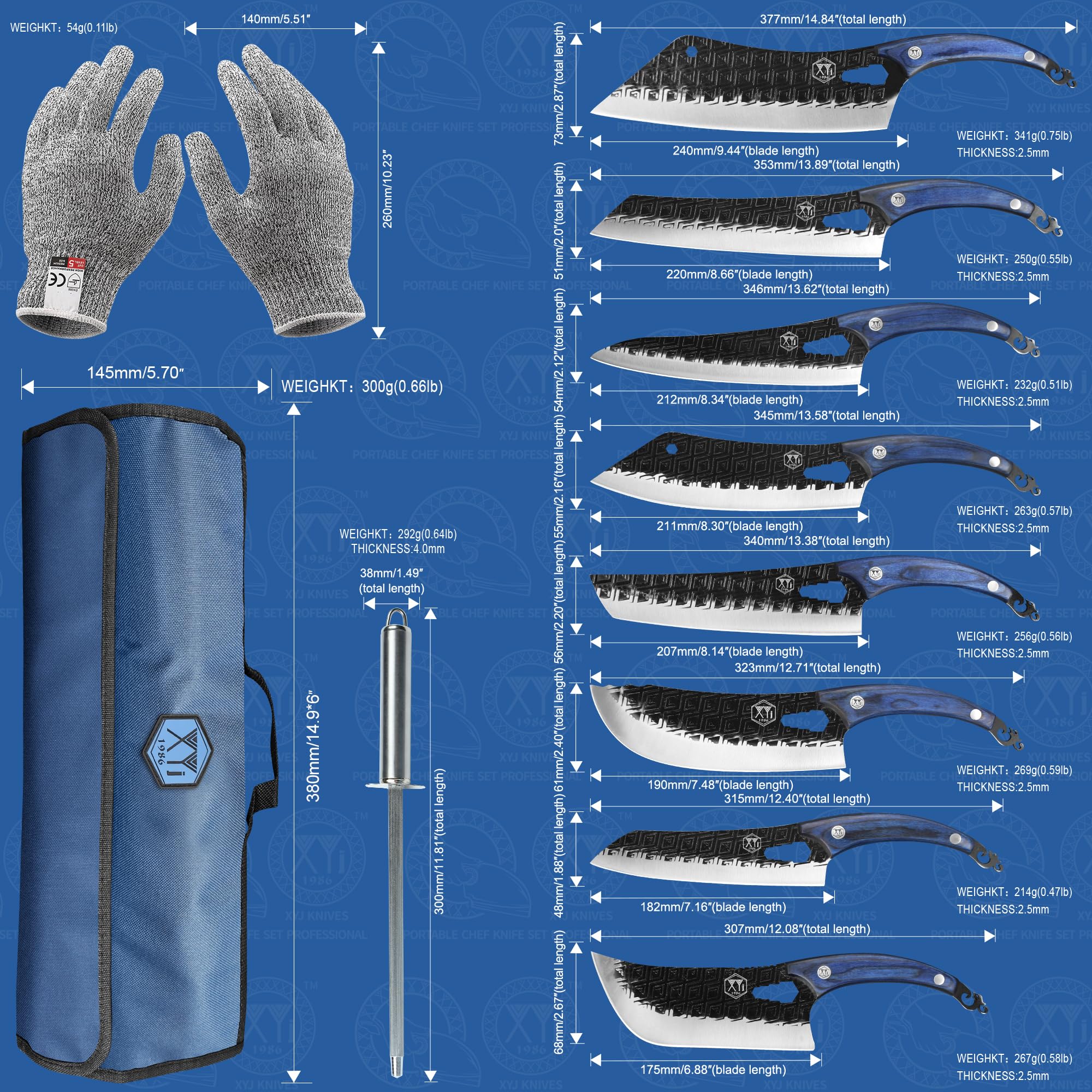 XYJ 4pcs Camping Knife Set,Butcher Meat Knives With Roll Bag,Sharpener,Slicing Cutting Chef Vegetable Kitchen Knife,Full Tang (Coffee)