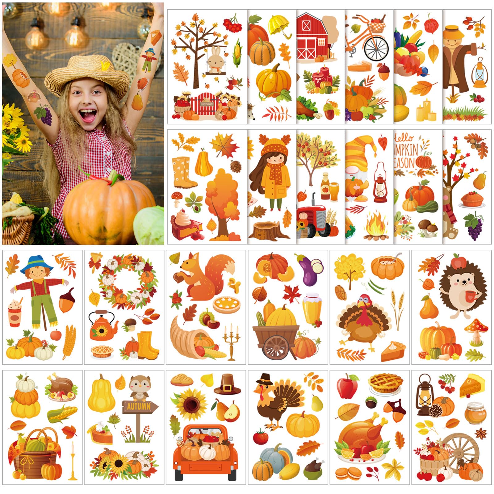 Lincia 120 Sheets Fall Thanksgiving Temporary Tattoos for Kids 24 Styles Kids Autumn Temporary Tattoos Stickers Turkey Pumpkin Leaves Harvest Face Carnival Tattoos for Children Theme Party Supplies