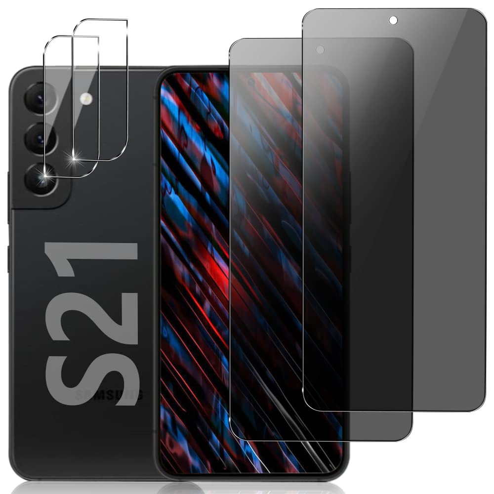 LETANG [2+2 Pack] Galaxy S21 5G Privacy Tempered Glass Screen Protector + Camera Lens Film [9H Hardness] [ Full Coverage] [Anti-Fingerprints] Support fingerprint unlocking For Samsung Galaxy S21