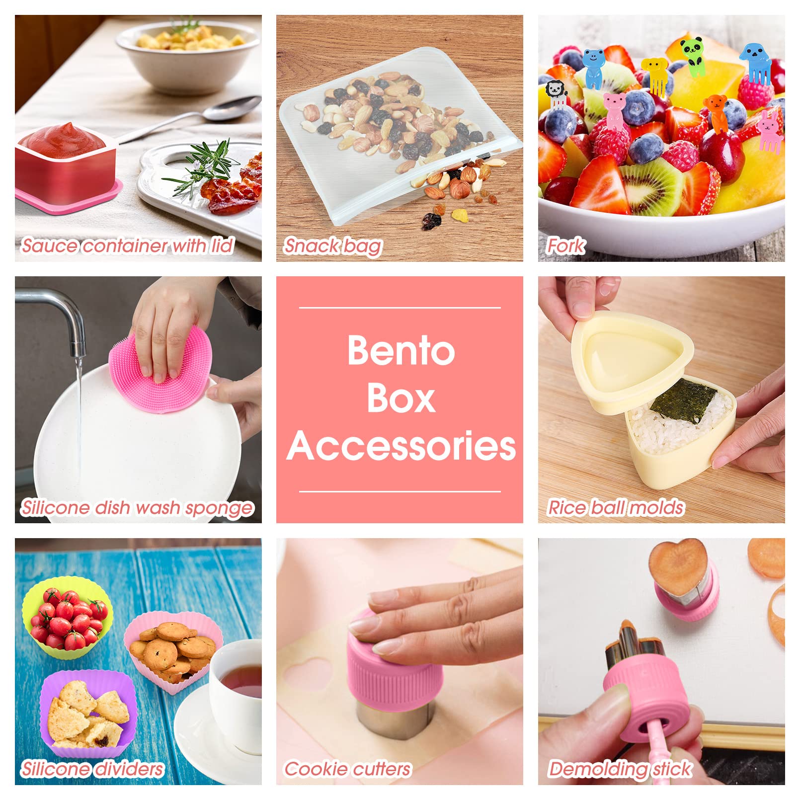 Korlon 30 Pcs Bento Box for Kids, 1300ML 4 Compartment Lunch Box Kids, Leakproof Lunch Containers for Adults with Various Accessories for Carrying Meals