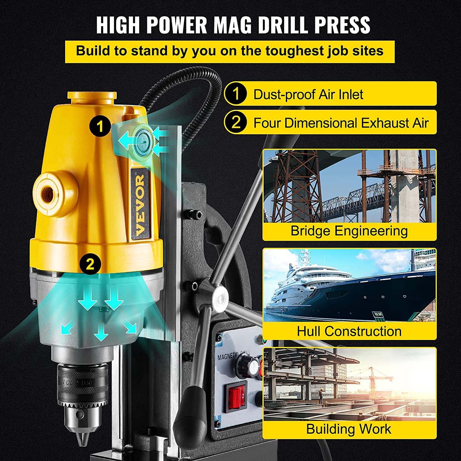 VEVOR Magnetic Drill, 550RPM No-load Speed Electromagnetic Drill Press, 2.16" Depth 1.57" Dia Magnetic Core Drill, 2700LBS Boring Tool Drill Press, w/ 1100W Drill Press, Yellow and Black Drill Machine