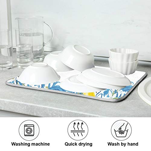 Tamniee Lemons Dish Drying Mat Yellow Blue Kitchen Dry Mats Decor Absorbent Baby Bottle Pad for Home Counter Drainer Countertops, 16x18in (g69531602p523c558s1113)