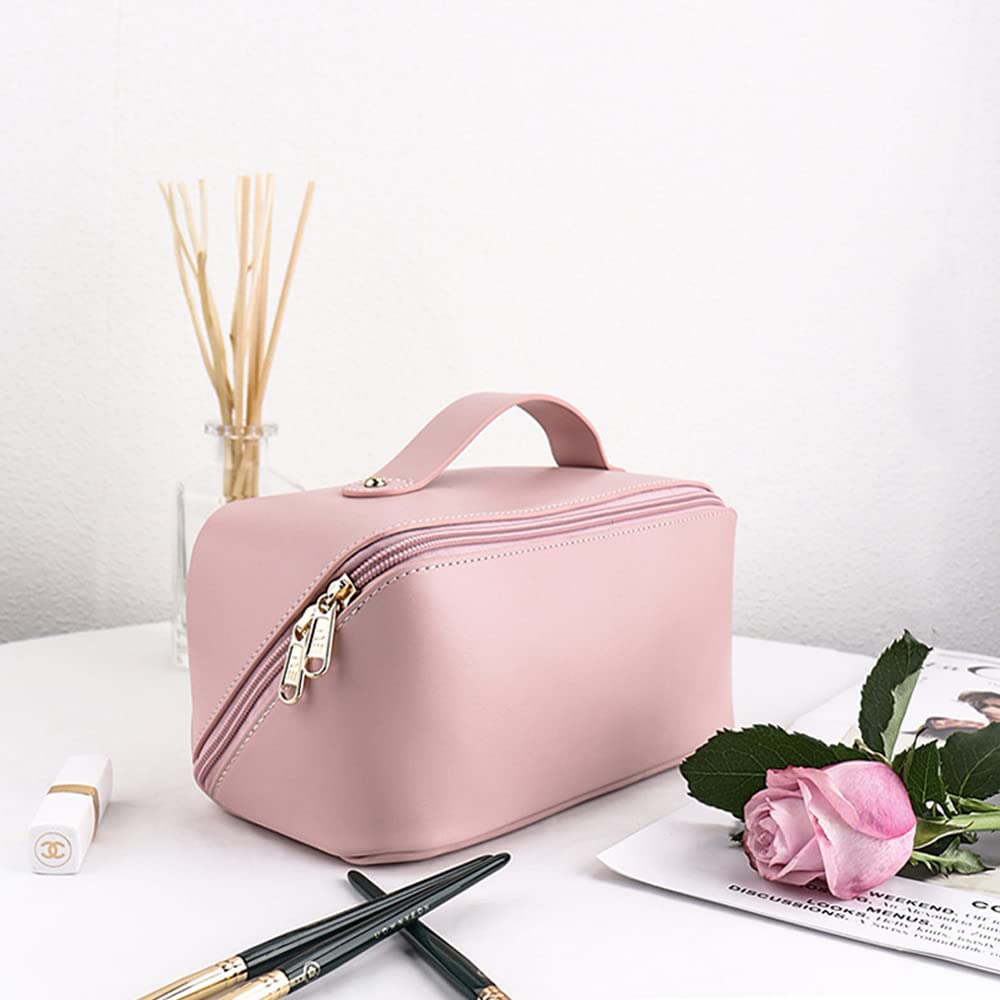 SOUKAHU Large Capacity Travel Cosmetic Bags for Women, PU Leather Makeup Bag,Waterproof Portable Pouch Open Flat Lay Cosmetic Bag Makeup Organizer Bag with Divider and Handle-Khaki