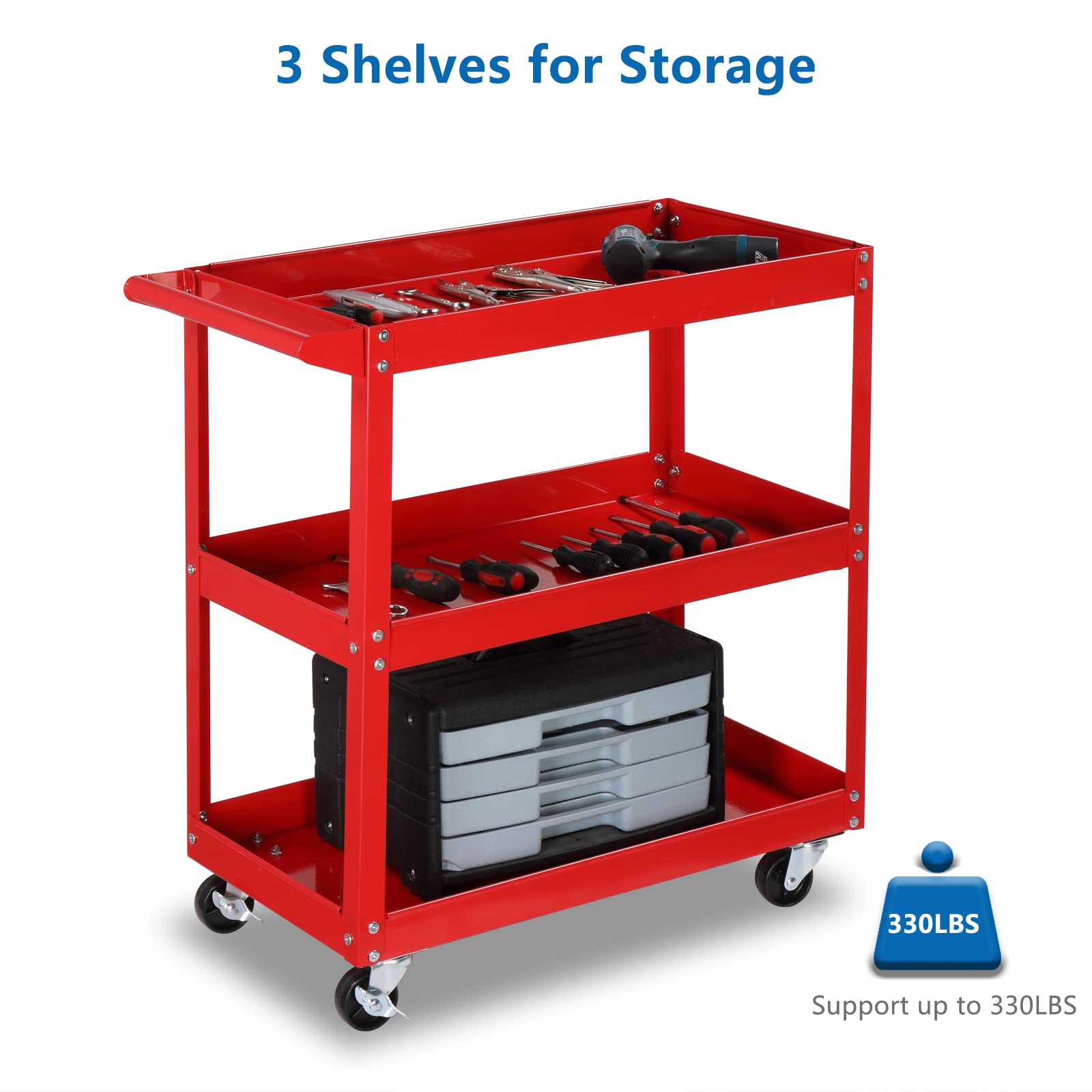 TUFFIOM 3 Tier Rolling Tool Cart, 330 Lbs Capacity, Red, 3 Shelves Steel Utility Cart for Garage, Workshop, Warehouse & Repair Shop
