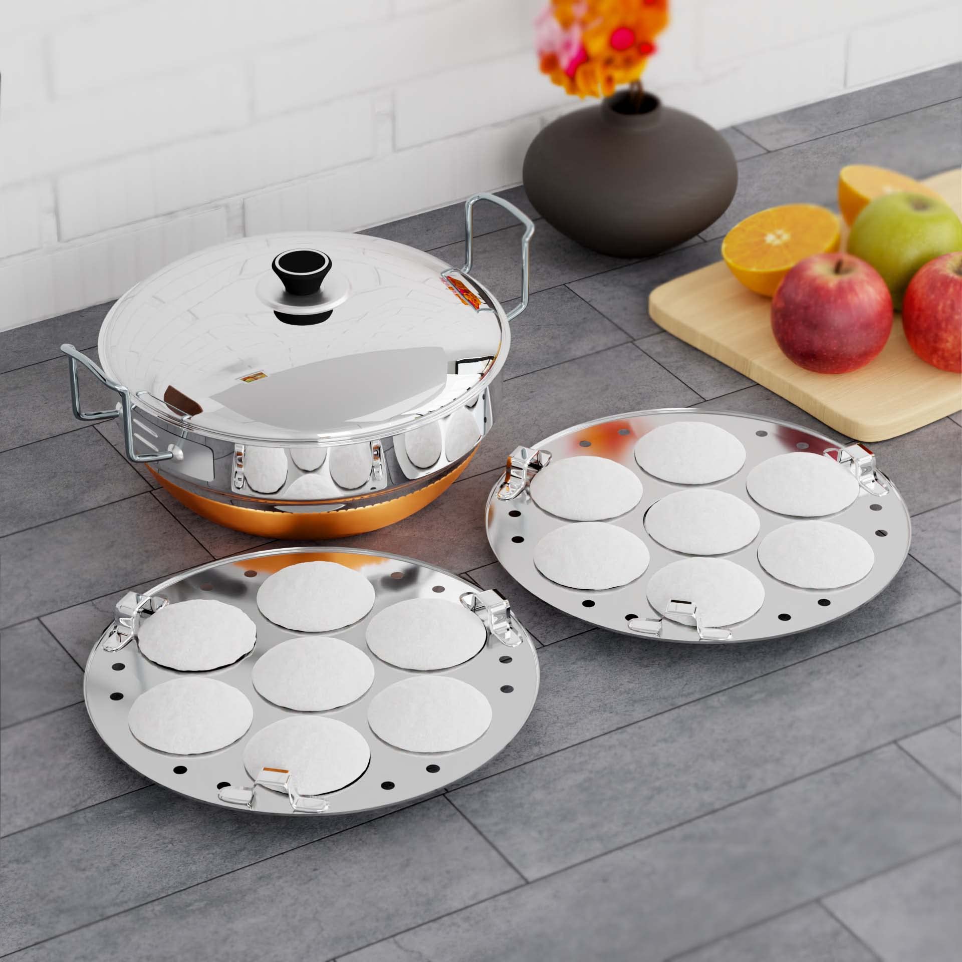QSEC Stainless Steel Idli Cooker Multi Kadai Steamer with Copper Bottom All-in-One Big Size 5 Plate 2 Idli | 2 Dhokla | 1 Patra | Momo's | 3 in 1 | 28.5 cm Dia.