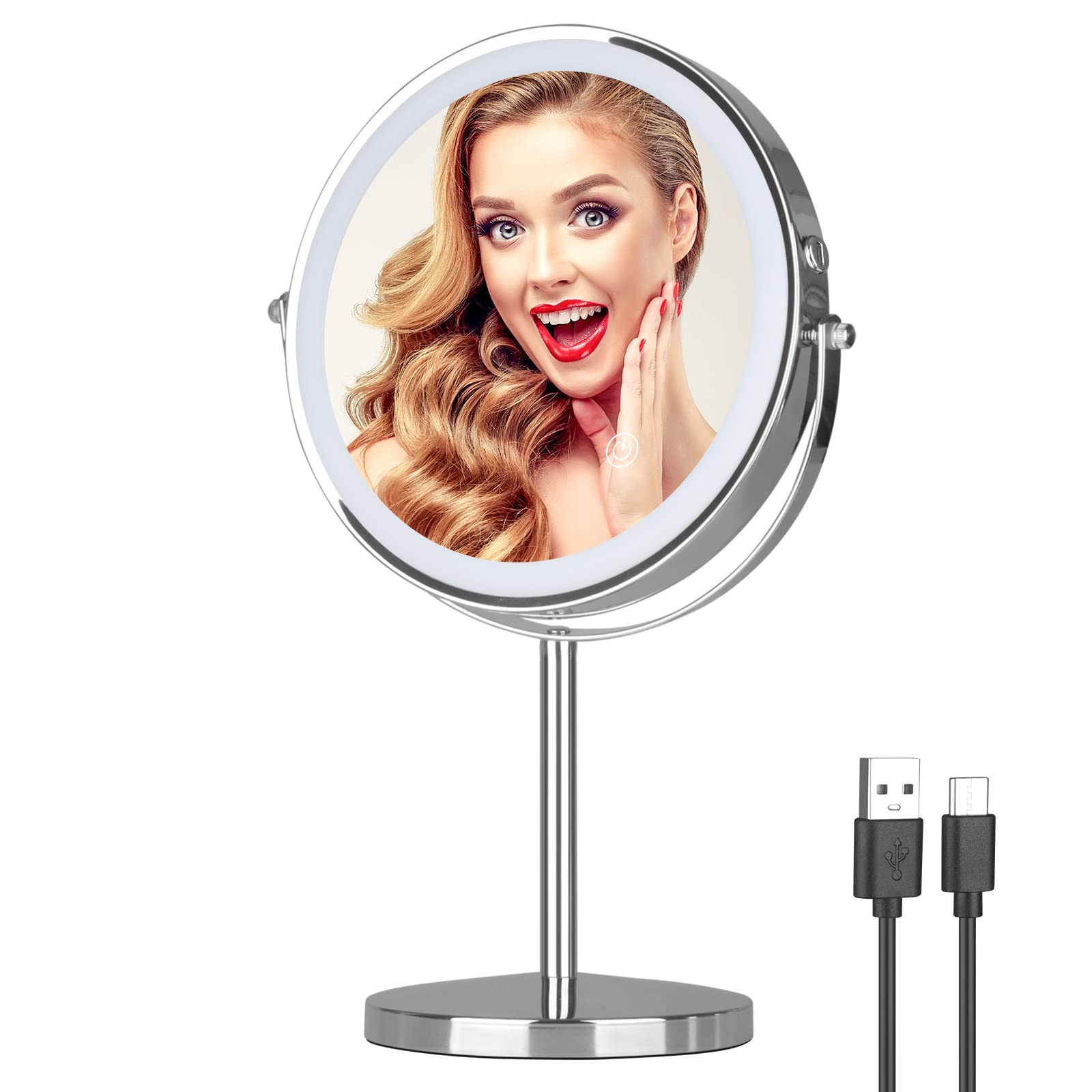 WEYEXECE Rechargeable 8 inch Lighted Makeup Mirror, 3 Colors 1X/10X Table Vanity Mirror with 360° Rotation Touch Screen, LED Dimmable Desk Lit Cosmetic Magnifying Mirror Chrome