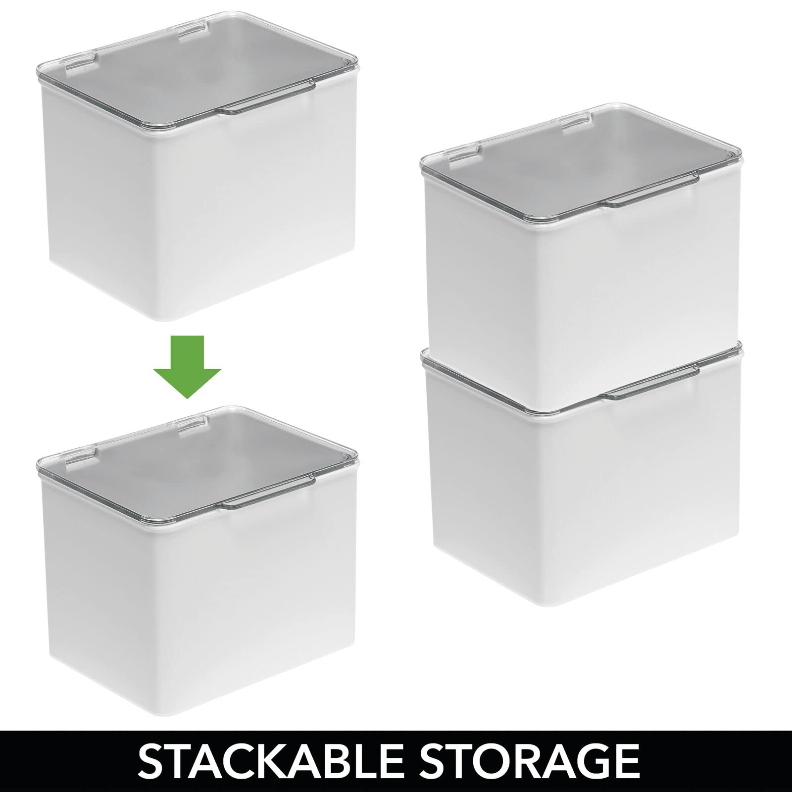 mDesign Plastic Bathroom Storage Organizer Box w/ Hinge Lid for Closet, Shelf, Cupboard, Vanity, Hold Medicine, Lotion, Cotton Swabs, Masks, Styling Tools, Lumiere Collection, 8 Pack, Stone/Clear