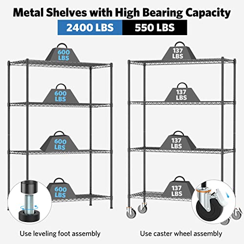 Leteuke Wire Shelving Unit with Wheels, NSF Certified 4 Tier Adjustable Storage Shelves 48"×18"×72", 2400LBS Heavy Duty Shelving Commercial Grade Metal Storage Utility Rack for Kitchen Garage, Black
