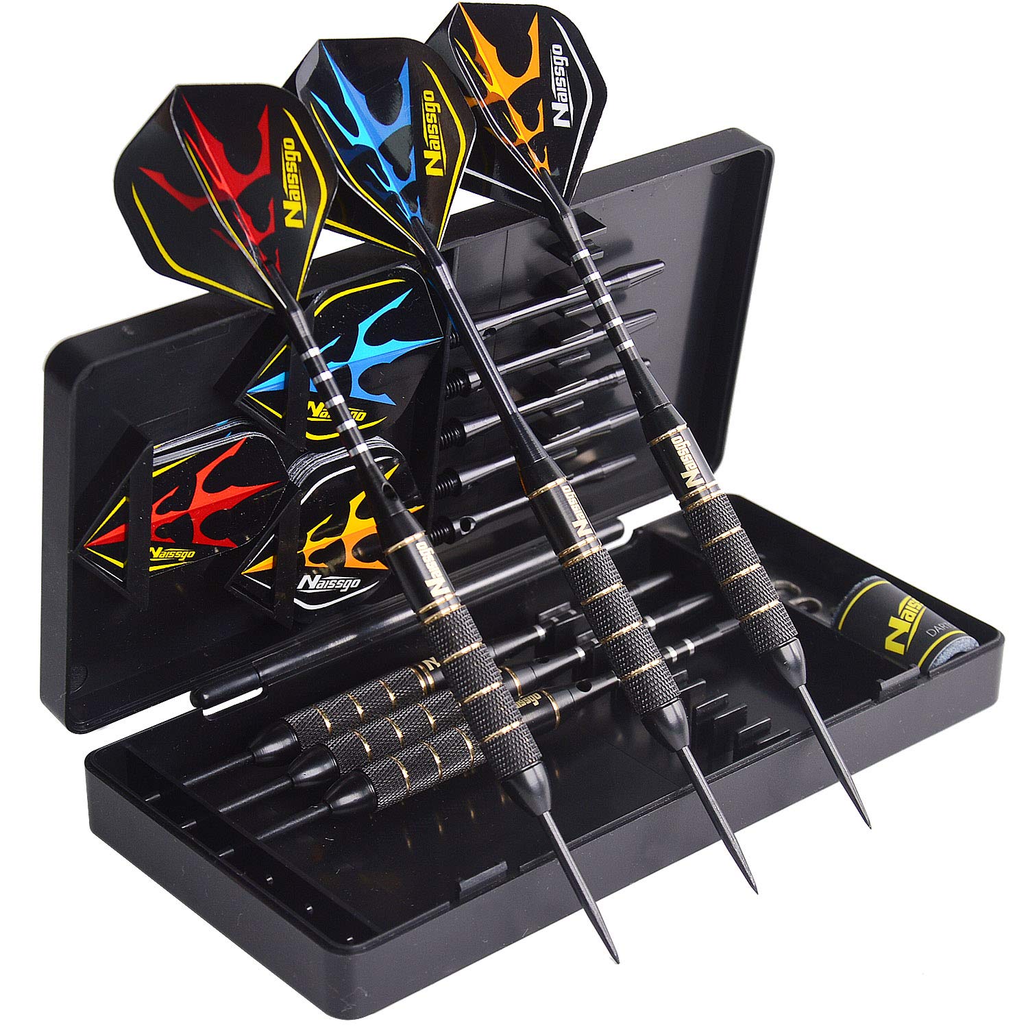 Naissgo Steel Tips Darts Set - Professional Darts Steel Tip with Brass Barrels and Extra Aluminum Shafts, O-Rings, Flights + Dart Tool and Sharpener + Gift Case (Plastic Black Box 22g)