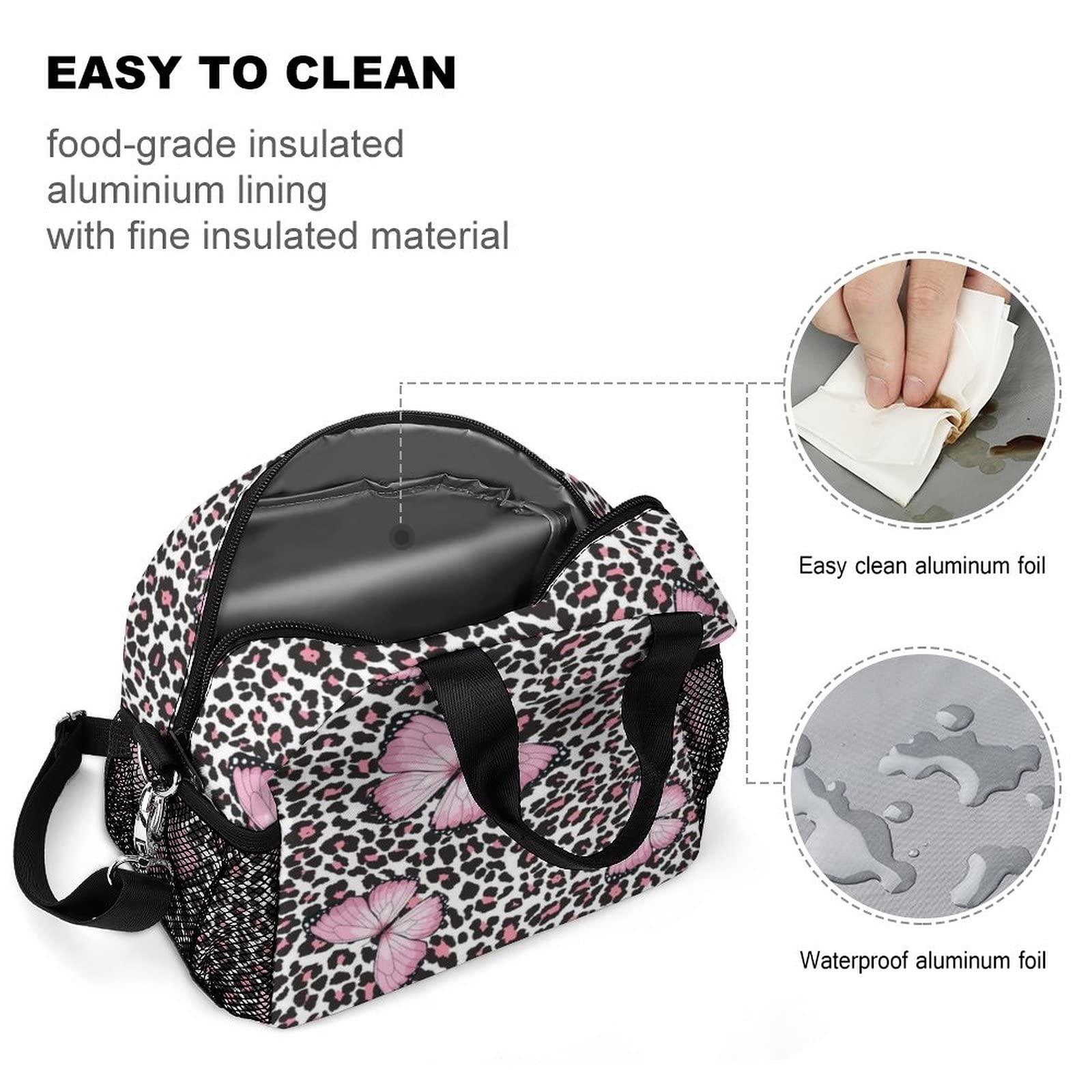 Pink Butterfly Leopard Lunch Bag, Lunch Box Portable Insulated Lunch Tote Bag, Thermal Cooler Bag for Women Work Outdoor