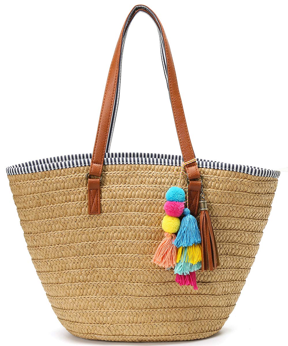 Molodo Straw Bag Round Summer Straw Large Woven Beach Bag Purse For Women Vocation Tote Handbags With Pom Poms