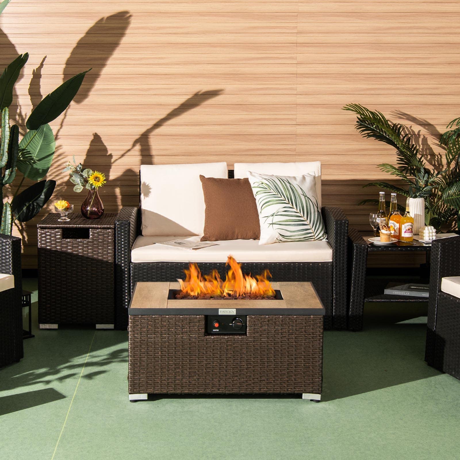 Tangkula 2 Piece Outdoor Propane Fire Pit Table Set with Hideaway Propane Tank Holder, Patiojoy 40,000 BTU Rattan Wicker Fire Pit Table with Lava Rocks, Waterproof Cover, Ideal for Backyard, Patio