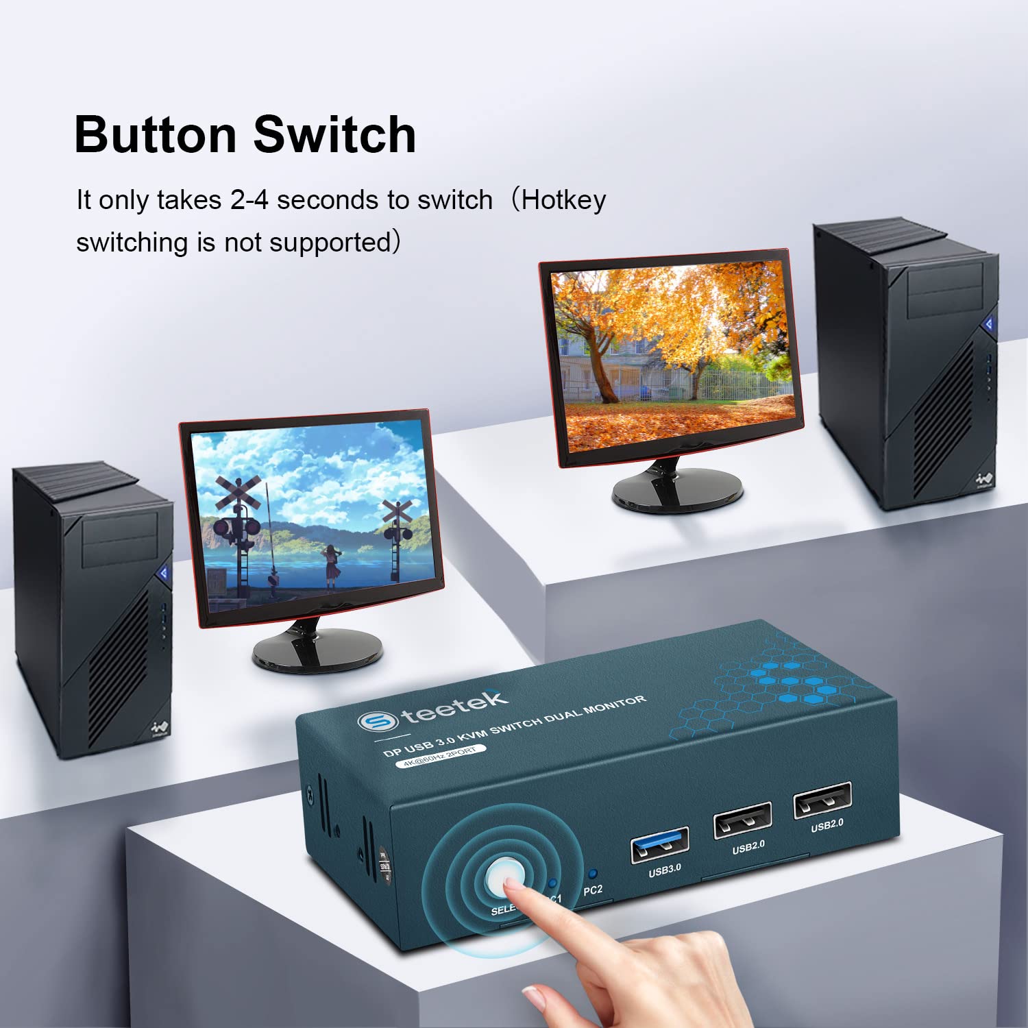 Steetek USB 3.0 Displayport KVM Switch Dual Monitor, 4K@60Hz 2 Monitors 2 Computers DP KVM Switch, 2 in 2 Out Displayport kvm with USB 3.0 Port, Button Switch, with 4 DP and 2 USB 3.0 Cables