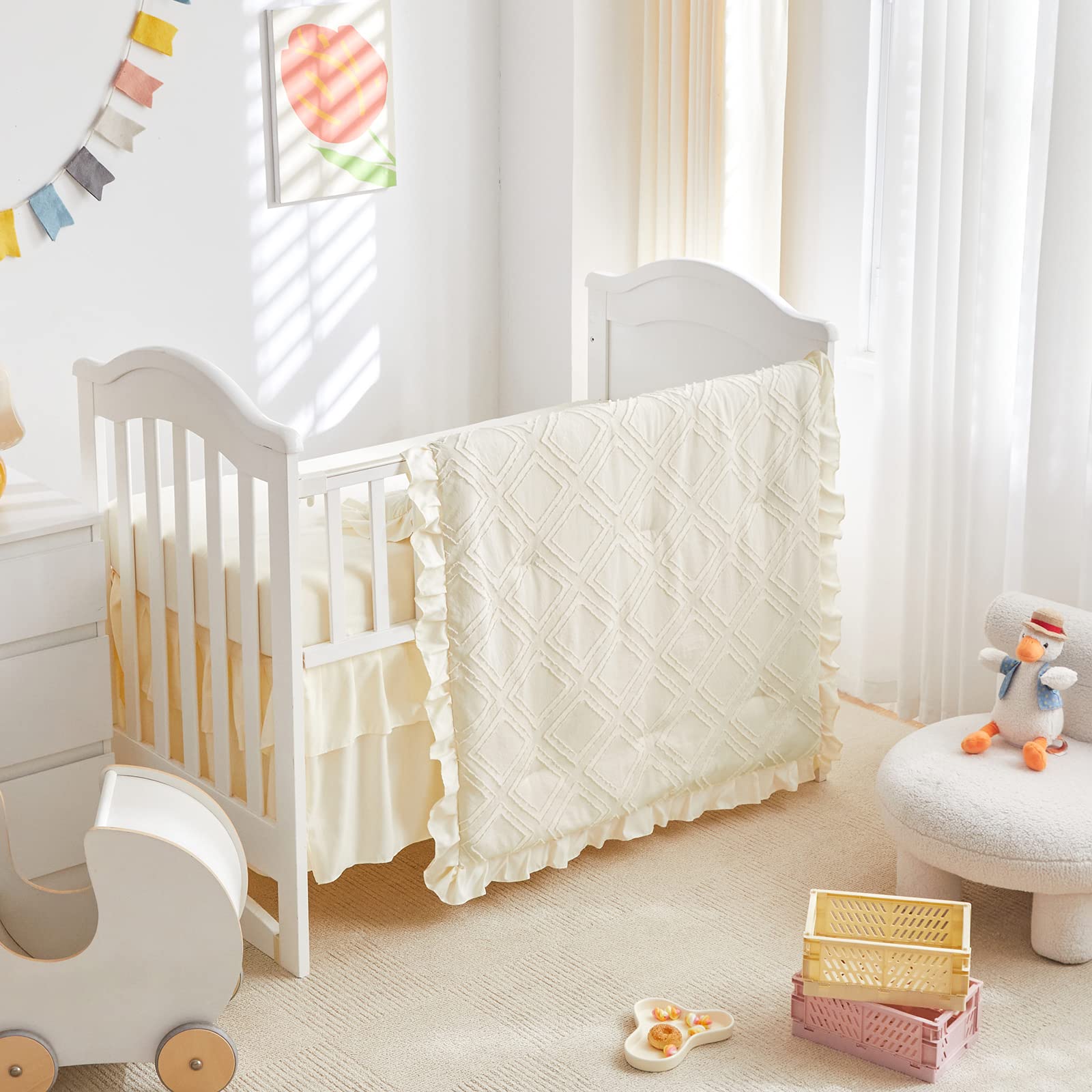Tufted Ruffle Crib Bedding Set 3 Pieces Baby Boho Quilted Comforter with Fitted Sheet and Bed Skirt - Cute Ruffled Shabby Chic Baby Bedding Soft Blanket Design Cream White with Yellow