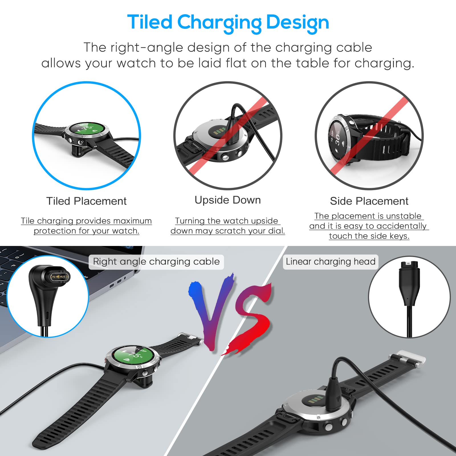 YUANHOT 2 Pack Upgraded Charger Cable for Garmin Watch, Elbow Design Charging Cable Compatible with Garmin Fenix 7/7S/7X, Instinct 2/2S, Vivoactive 4/4S/3, Venu 2/2S/Sq, Forerunner 245/945/55/45.etc