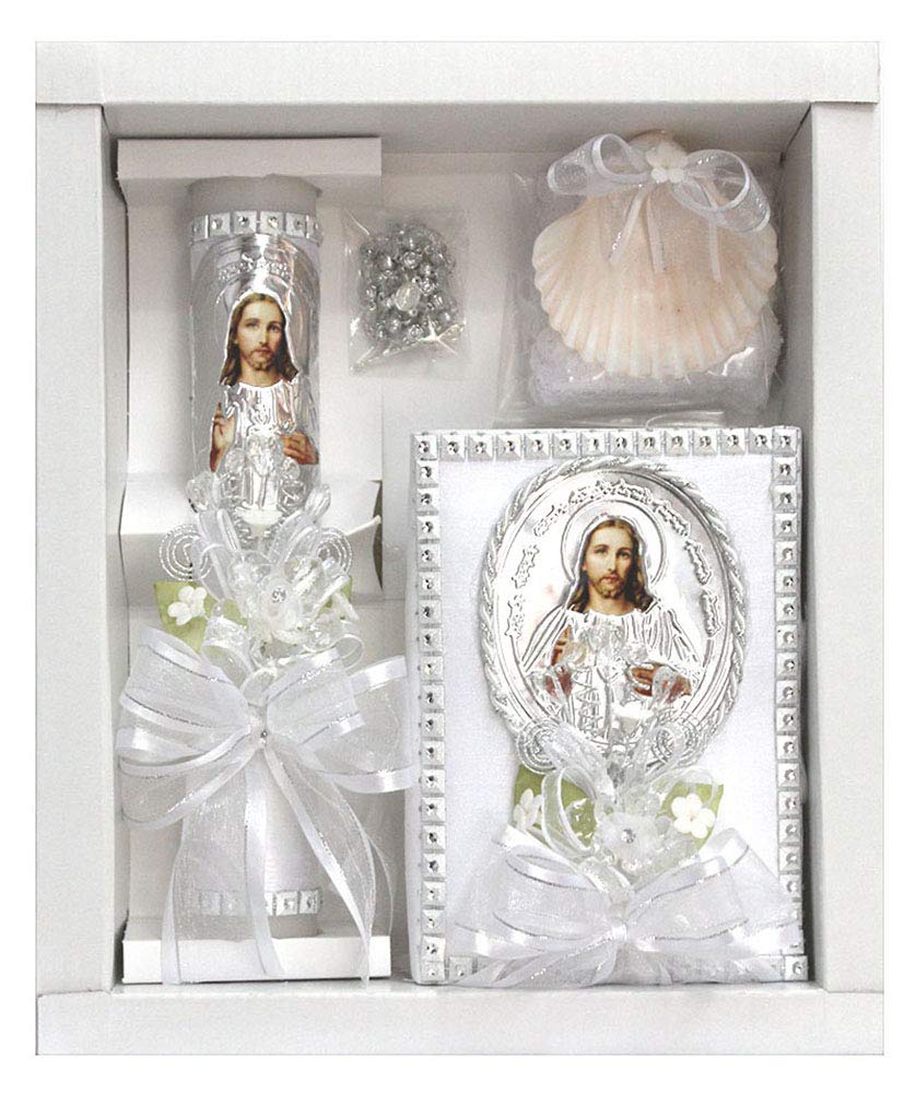 Lito White Jesus Baptism Candle Set Kit for Christenings with Shell and Favors - Spanish