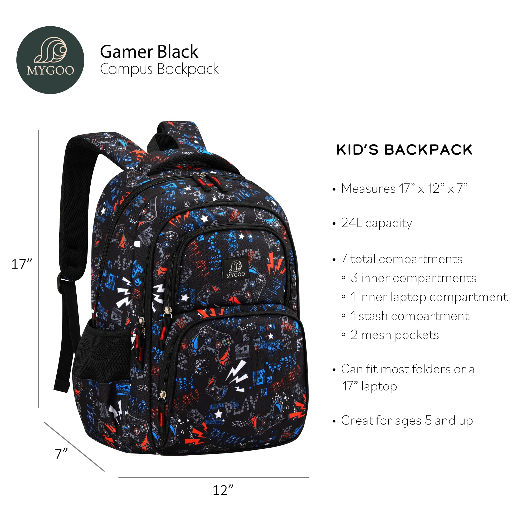 MYGOO Boys' Backpack | Campus Collection | Gamer Black Design | Perfect for Primary School | 17" Tall 24L Capacity