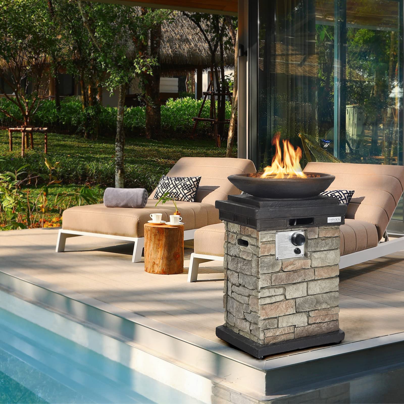 Tangkula Patio Propane Fire Bowl, Patiojoy 40,000BTU Square Fire Pit with Round Bowl, Lava Rocks & Waterproof Cover, Faux Stone Fire Pit Table for Outside Courtyard, Patio, Porch (Natural Stone)