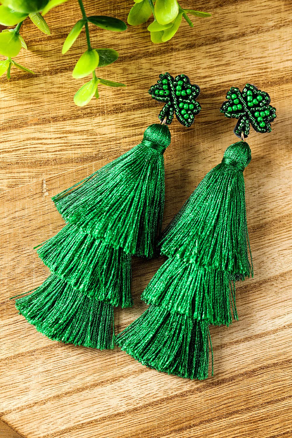 St.Patricks Day Earrings Green Clover Shamrock Beaded Earrings Handmade long Tassel Statement Dangle Earrings Jewelry for Women (St.patricks Earrings A)