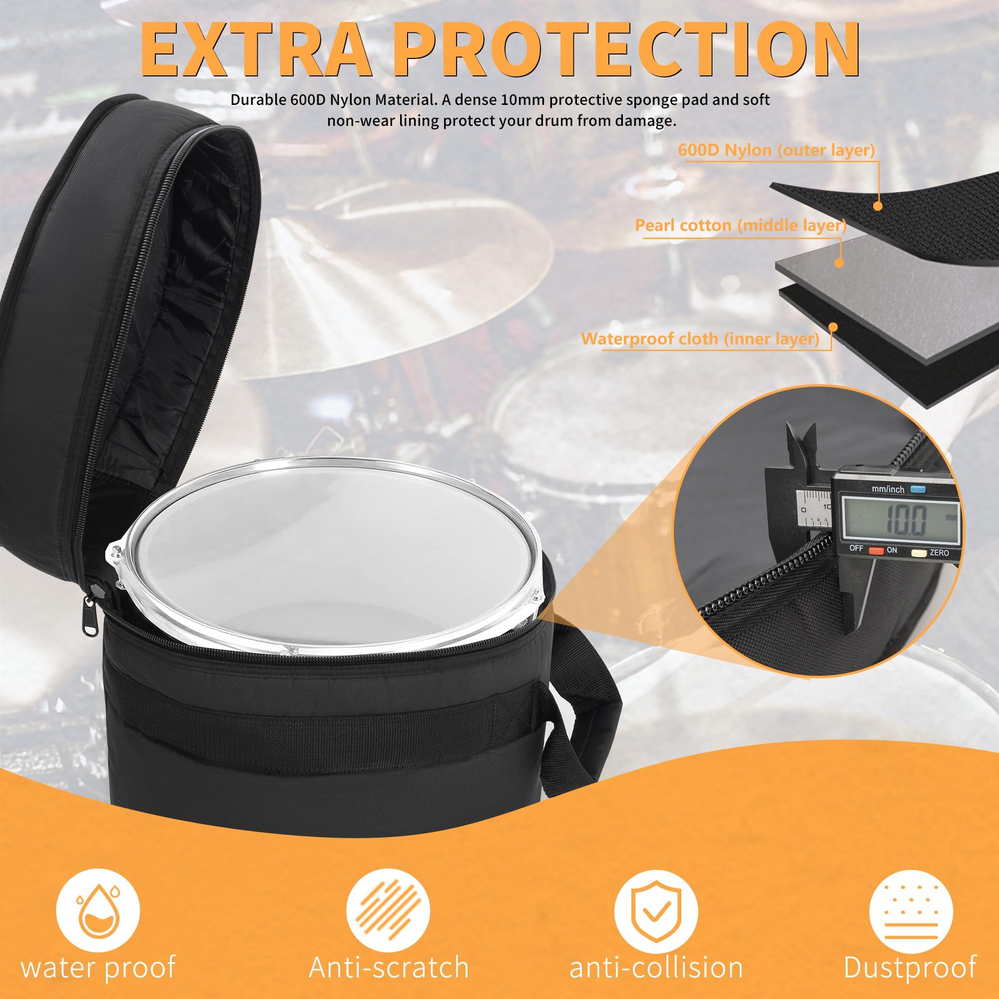 OUUTMEE Bass Drum Bag For Snare Drum 14"x8", 10mm Thick Padded Travel Drum Case