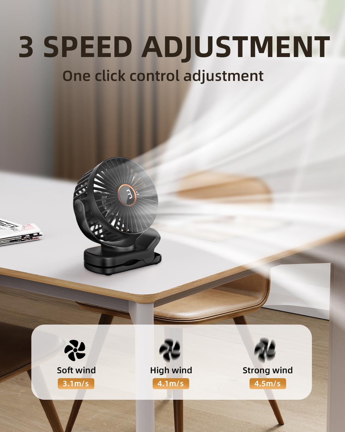 TUNISE Mini Clip on Fan, Battery Operated Desk Fan, Digital display,3 Speeds Adjustable, Bidirectional 360 ° Adjustable, Super Strong Wind, Portable Fan for Home Office Stroller Camping Black