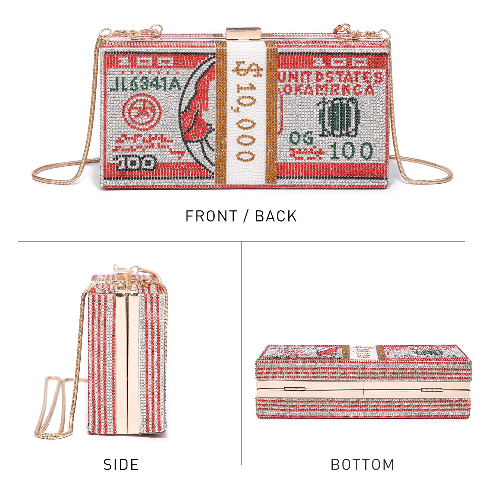 Money Clutch Purses for Women, Stack of Cash Dollars Crystal Clutch Purses (Rainbow 1)