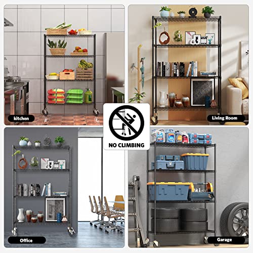 Leteuke Wire Shelving Unit with Wheels, NSF Certified 4 Tier Adjustable Storage Shelves 48"×18"×72", 2400LBS Heavy Duty Shelving Commercial Grade Metal Storage Utility Rack for Kitchen Garage, Black