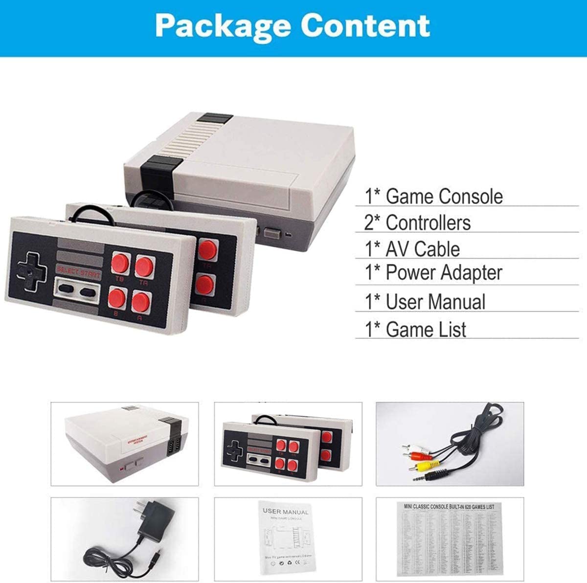 Retro Handheld Game Console- Classic TV Video Game Console for Kids and Adult, Built-in 620 Games and AV Output for TV, Equipped with 2 NES Classic Controllers, Redwhite Games