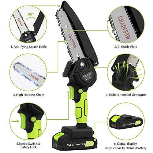 MeetWantes Mini Chainsaw 6-Inch with Real-time Power Display - Portable Handheld Cordless Chainsaw with 2 Rechargeable Batteries, 21V Small Power Chain Saws for Tree Trimming Wood Cutting
